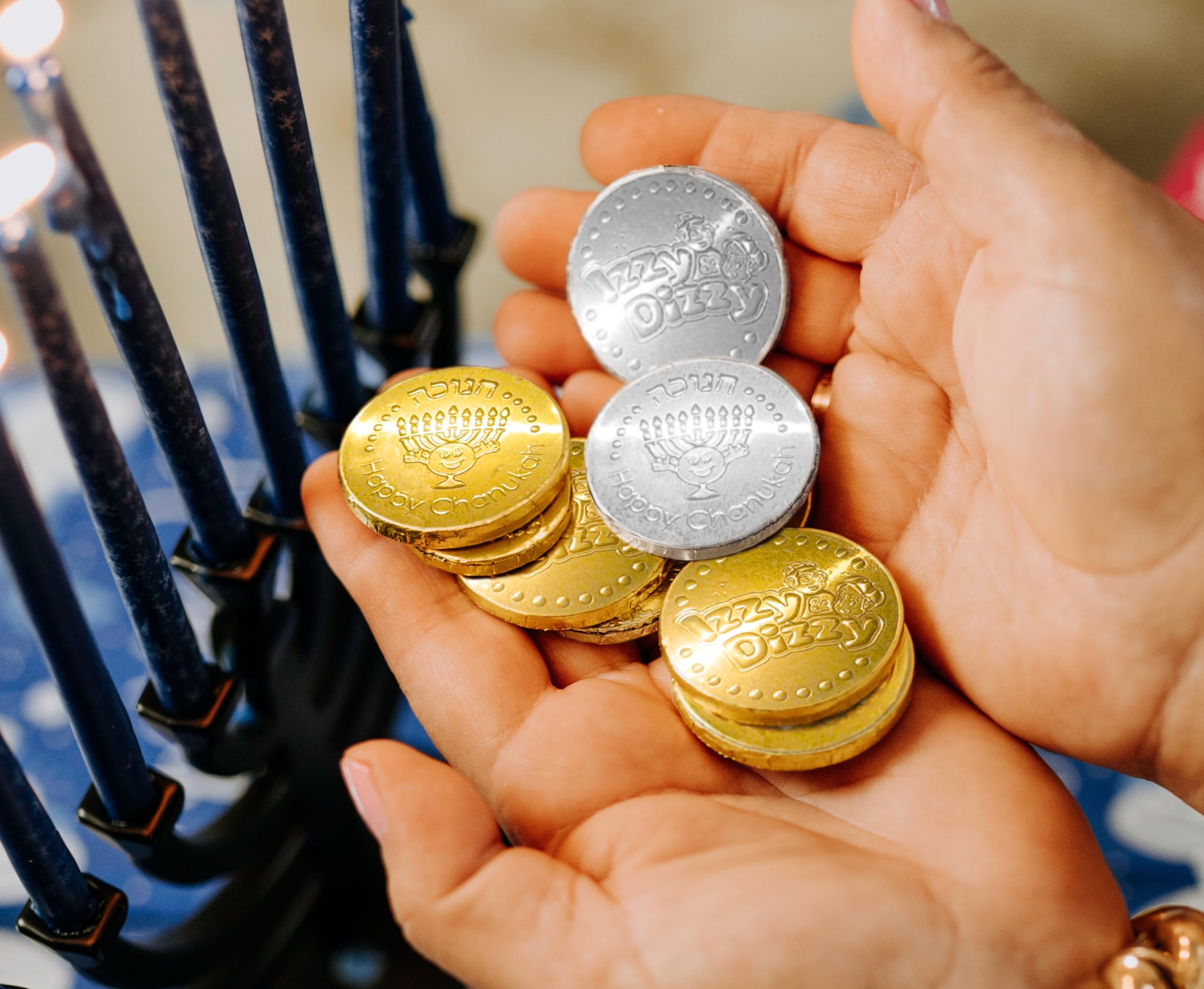Izzy 'n' Dizzy Hanukkah Gelt Coins Chocolate, Kosher Milk Chocolate Coins Nut Free (Dairy), Filled with Menorah Embossed Hanukkah Gelt Coins (12 Mesh Bags)