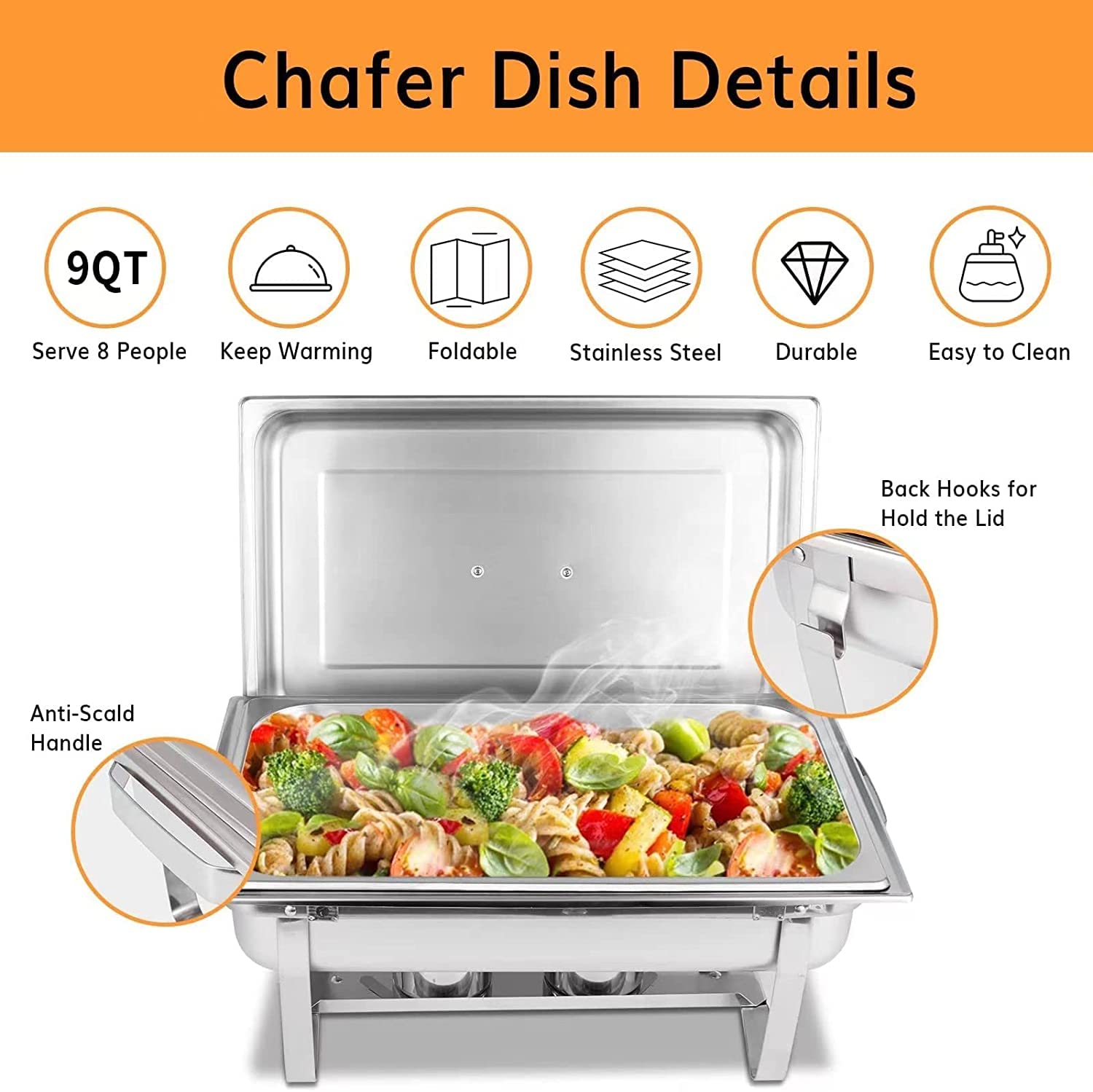6 Packs Chafing Dish Buffet Set: 9 QT Stainless Steel Food Warmer - 9 Quart Buffet Servers with Fuel Holder & Water Pan - Chafer Set for Banquet Parties Even Catering Wedding (6 Packs)