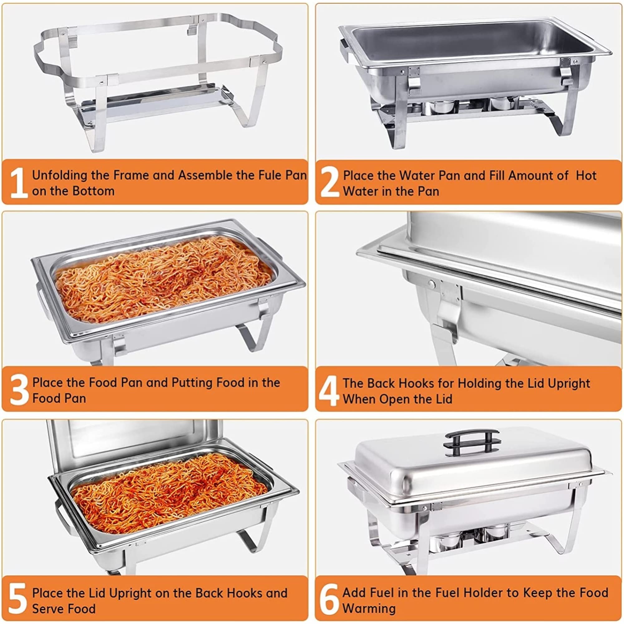 6 Packs Chafing Dish Buffet Set: 9 QT Stainless Steel Food Warmer - 9 Quart Buffet Servers with Fuel Holder & Water Pan - Chafer Set for Banquet Parties Even Catering Wedding (6 Packs)