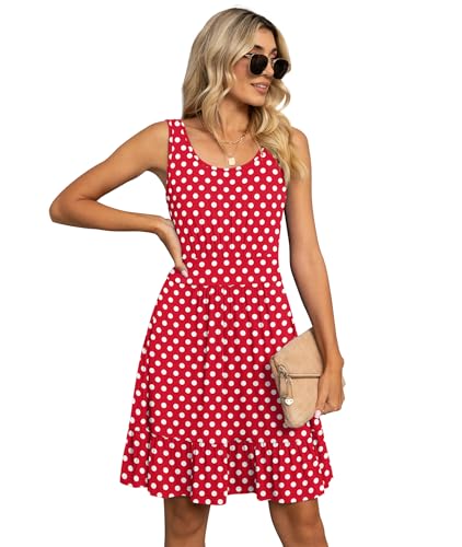 LILBETTER Women's Beach Dresses for Women Casual Summer Sexy Knee Length Mini Dresses(F Red Polka Dot, XX-Large)