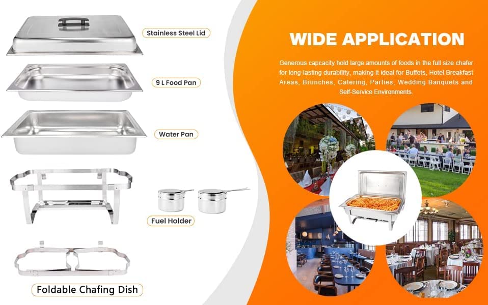 6 Packs Chafing Dish Buffet Set: 9 QT Stainless Steel Food Warmer - 9 Quart Buffet Servers with Fuel Holder & Water Pan - Chafer Set for Banquet Parties Even Catering Wedding (6 Packs)