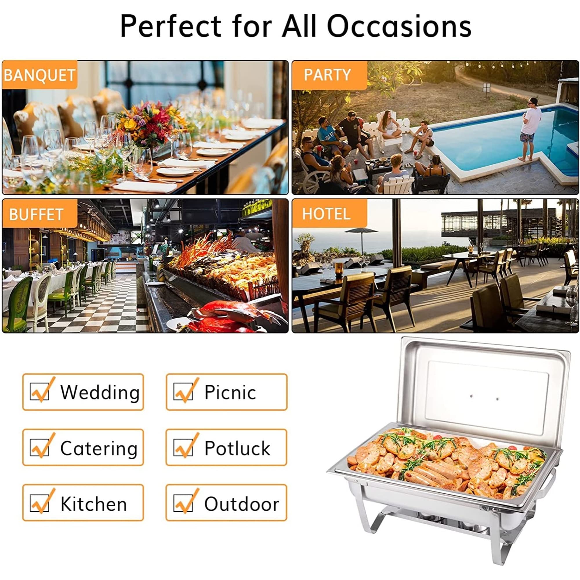 6 Packs Chafing Dish Buffet Set: 9 QT Stainless Steel Food Warmer - 9 Quart Buffet Servers with Fuel Holder & Water Pan - Chafer Set for Banquet Parties Even Catering Wedding (6 Packs)