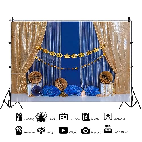 Yeele 12x8ft Blue Backdrop Wedding Birthday Party Decorations Gold Curtain Crown Flowers Photograph Background Anniversary Ceremony Decor Photo Banner Vinyl Backdrop Photo Booth Props
