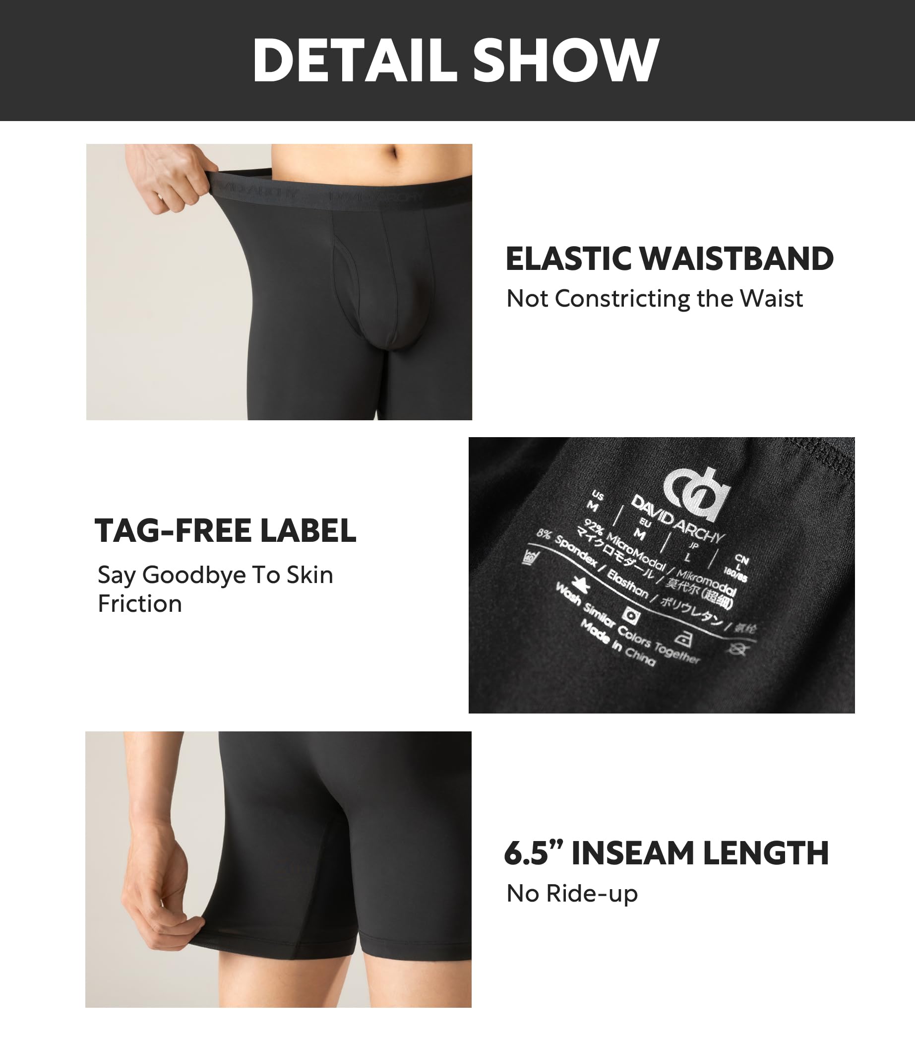 DAVID ARCHY Mens Underwear Ultra Soft Micro Modal Support Pouch Trunks Moisture Wicking Boxer Briefs for Men 3 Packs (S, Black)