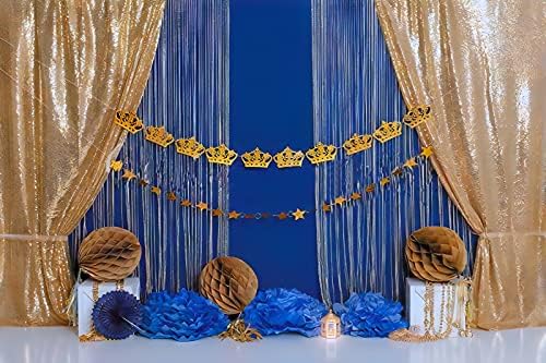 Yeele 12x8ft Blue Backdrop Wedding Birthday Party Decorations Gold Curtain Crown Flowers Photograph Background Anniversary Ceremony Decor Photo Banner Vinyl Backdrop Photo Booth Props