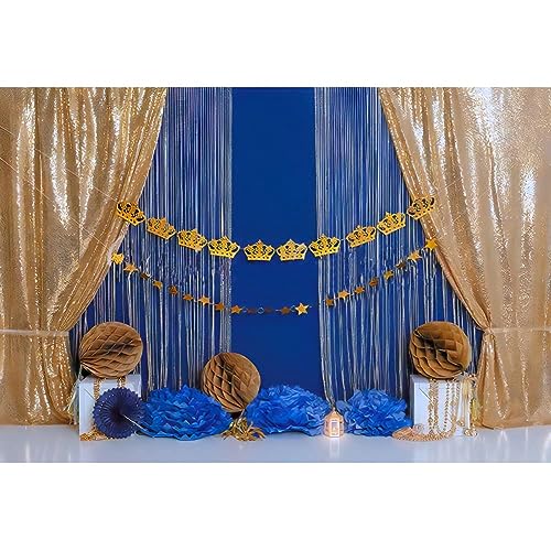 Yeele 12x8ft Blue Backdrop Wedding Birthday Party Decorations Gold Curtain Crown Flowers Photograph Background Anniversary Ceremony Decor Photo Banner Vinyl Backdrop Photo Booth Props
