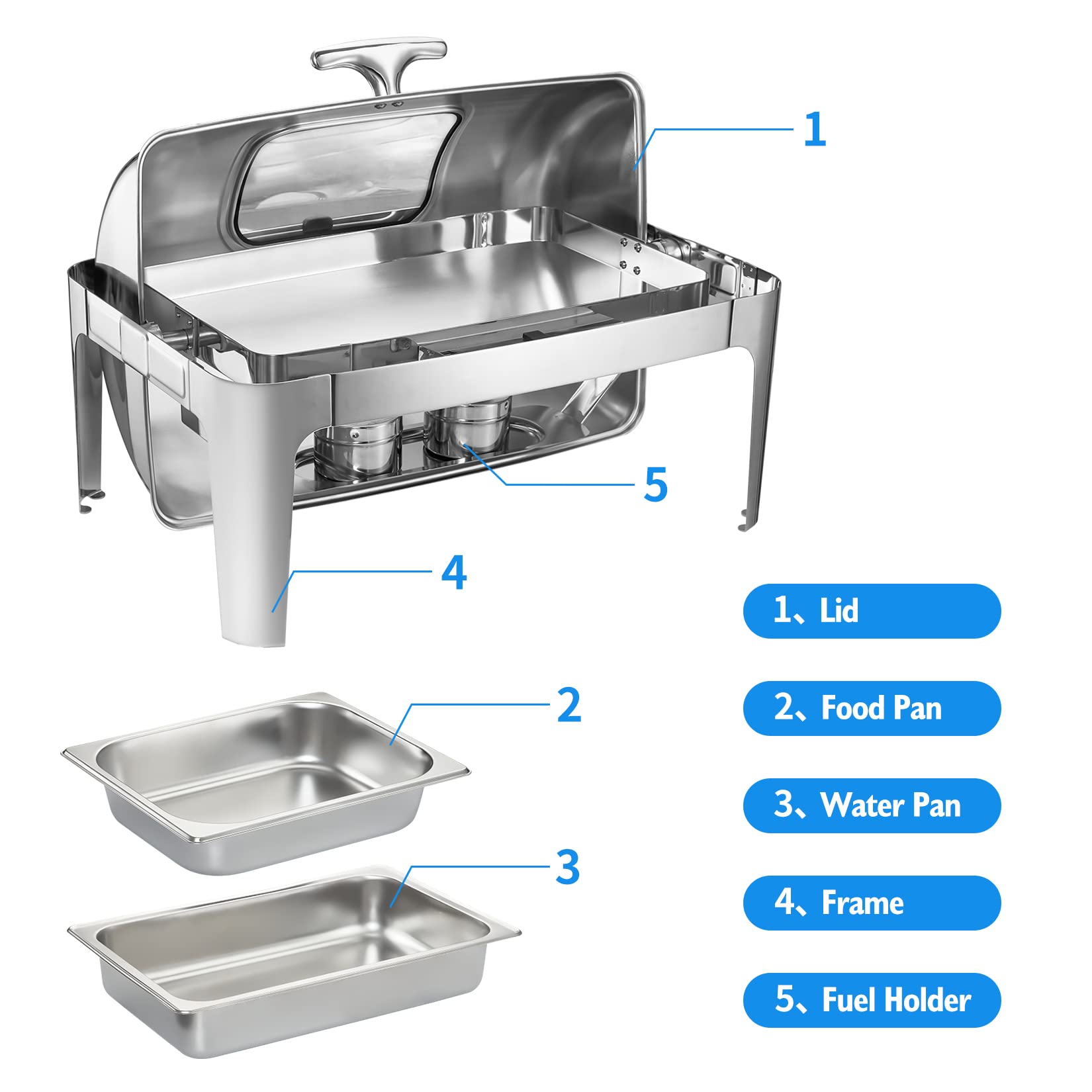 Chafing Dish Buffet Set, 9 QT Stainless Steel Roll Top Chafing Server Set, Food Warmers for Parties