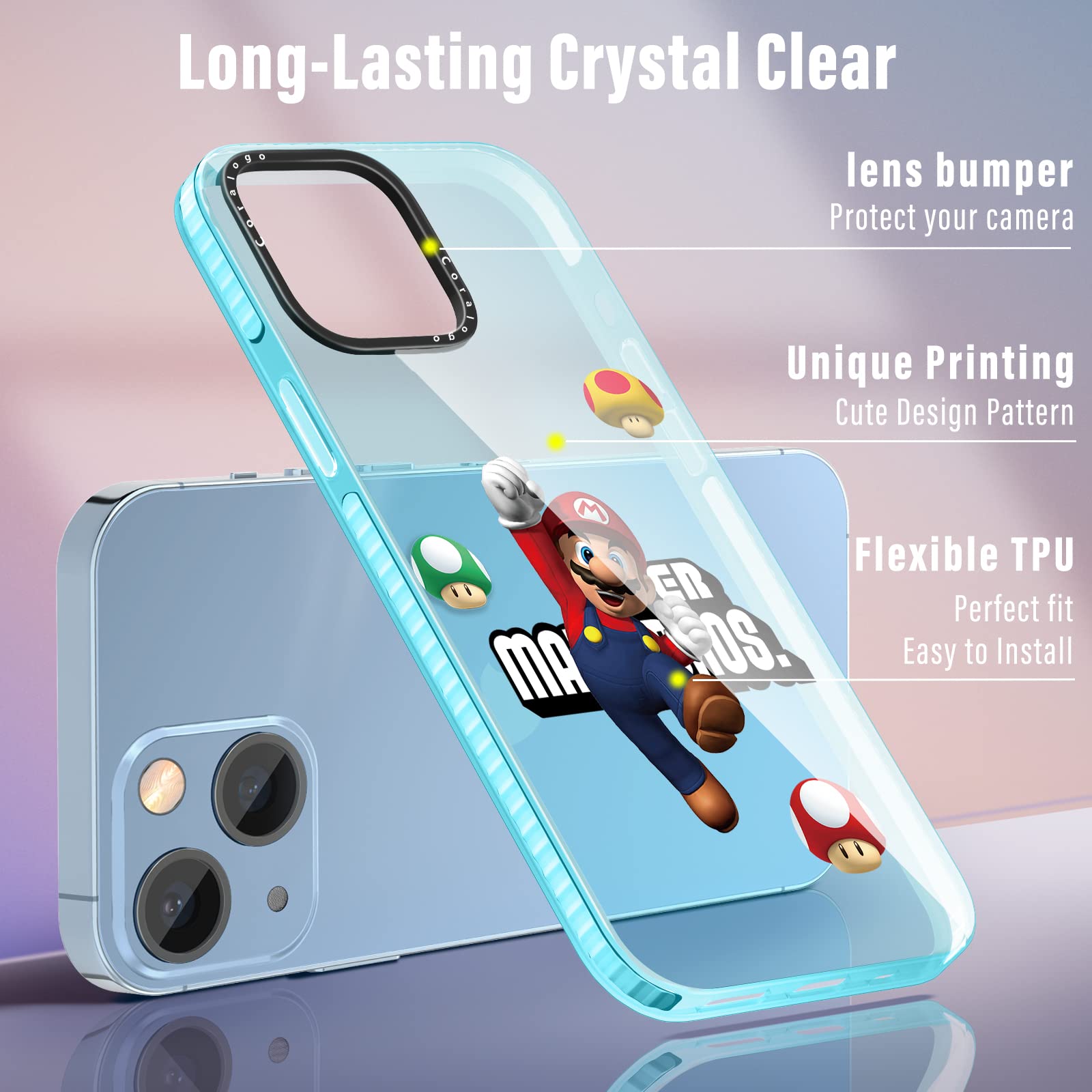 Coralogo for iPhone 13 Mini Case Cute Cartoon Malio Japanese Game Character Funny Cover Red Mushroom Designer Cool Fun Men Teens Boys Bumper Phone Cases Clear Design for iPhone 13 Mini 5.4"