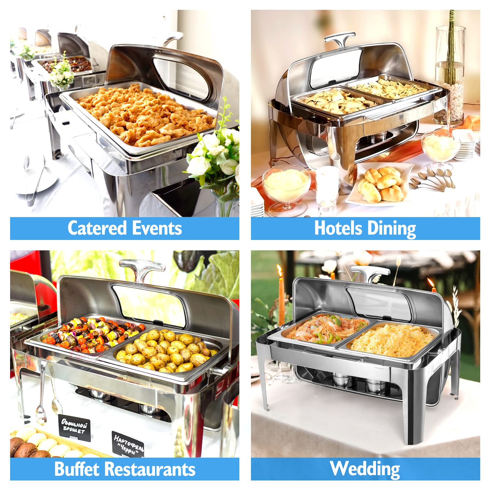 Chafing Dish Buffet Set, 9 QT Stainless Steel Roll Top Chafing Server Set, Food Warmers for Parties