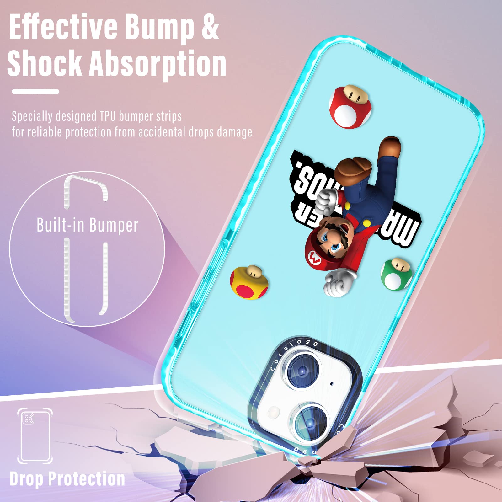 Coralogo for iPhone 13 Mini Case Cute Cartoon Malio Japanese Game Character Funny Cover Red Mushroom Designer Cool Fun Men Teens Boys Bumper Phone Cases Clear Design for iPhone 13 Mini 5.4"