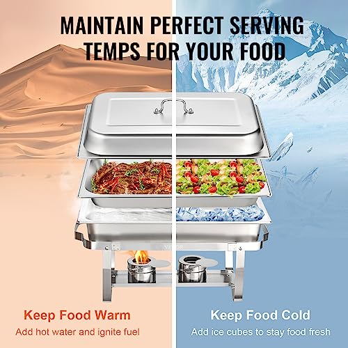 VEVOR Chafing Dish Buffet Set, 2 Pack 8 Qt, Stainless Chafer w/ 2 Full & 4 Half Size Pans, Rectangle Catering Warmer Server w/ Lid Water Pan Folding Stand Fuel Tray Holder Clip, at Least 8 People Each