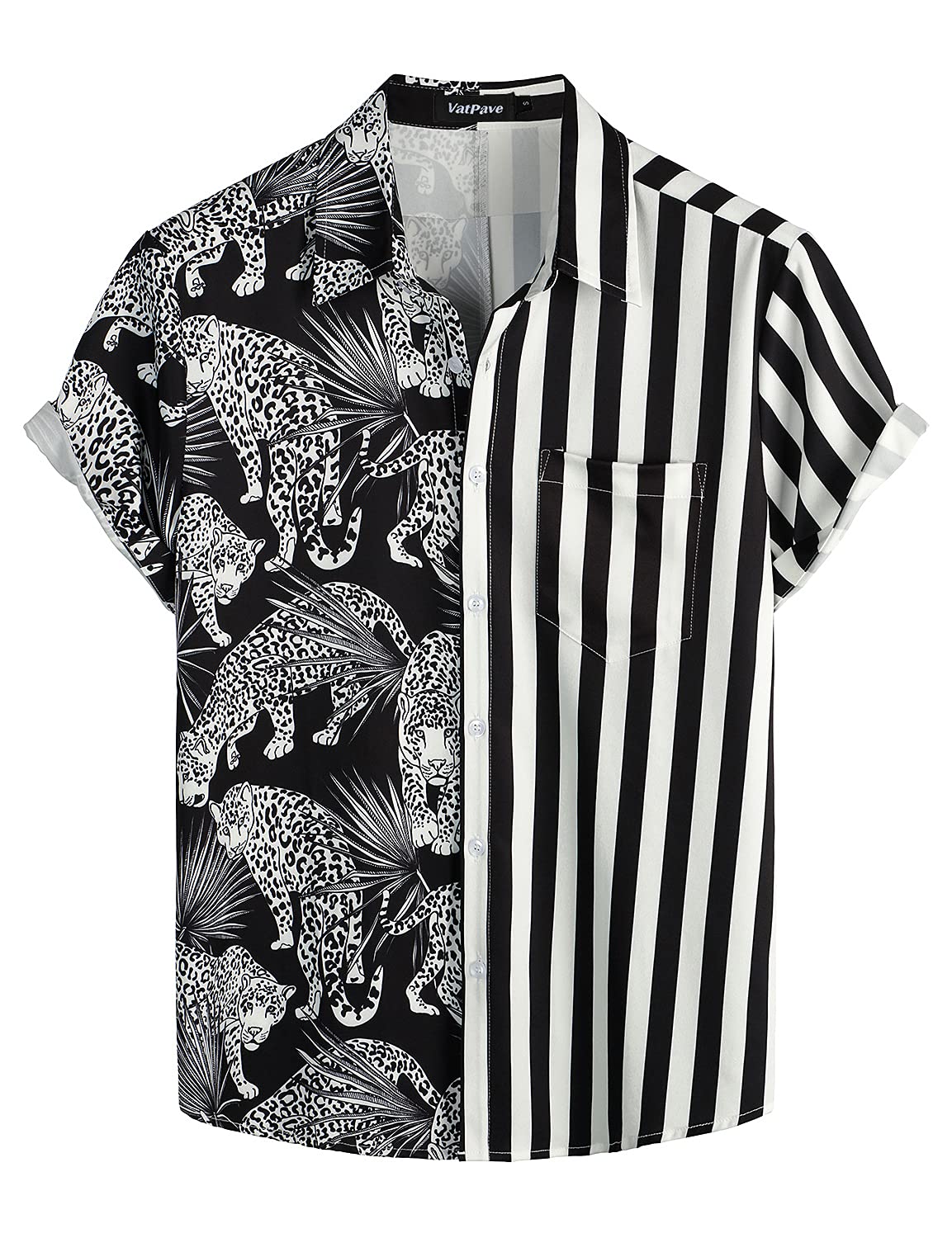 VATPAVE Mens Hawaiian Flamingo Shirts Casual Tropical Short Sleeve Button Down Shirt Summer Beach Shirts Small Black Leopard Beach