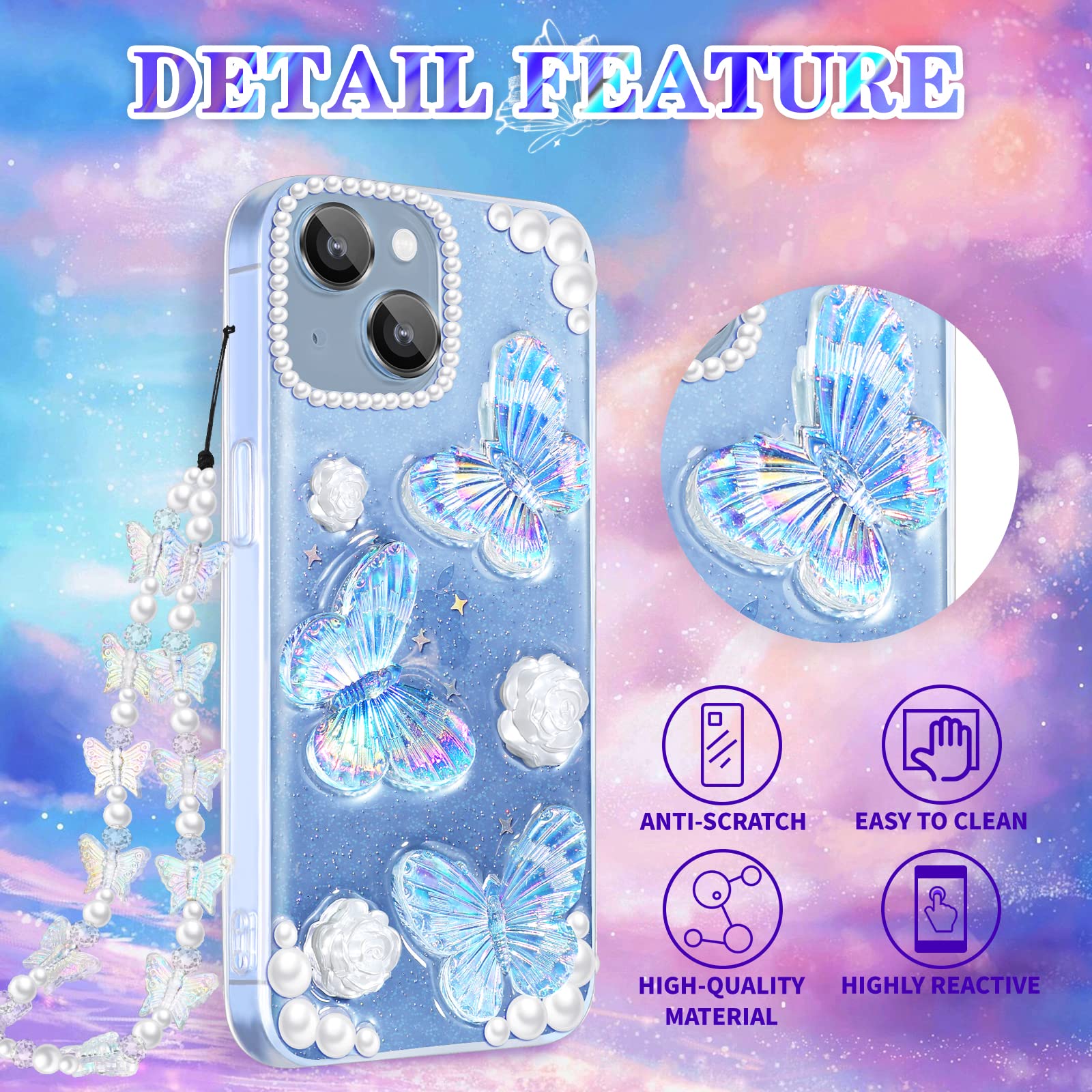 Goocrux (4in1 Case for Apple iPhone 13 Mini Butterfly Glitter Handmade Sequin Sparkle Pretty for Women Girls Clear Design Crystal Sparkly Cute Girly Phone Cases+Chain+Camera Cover+Screen Protector