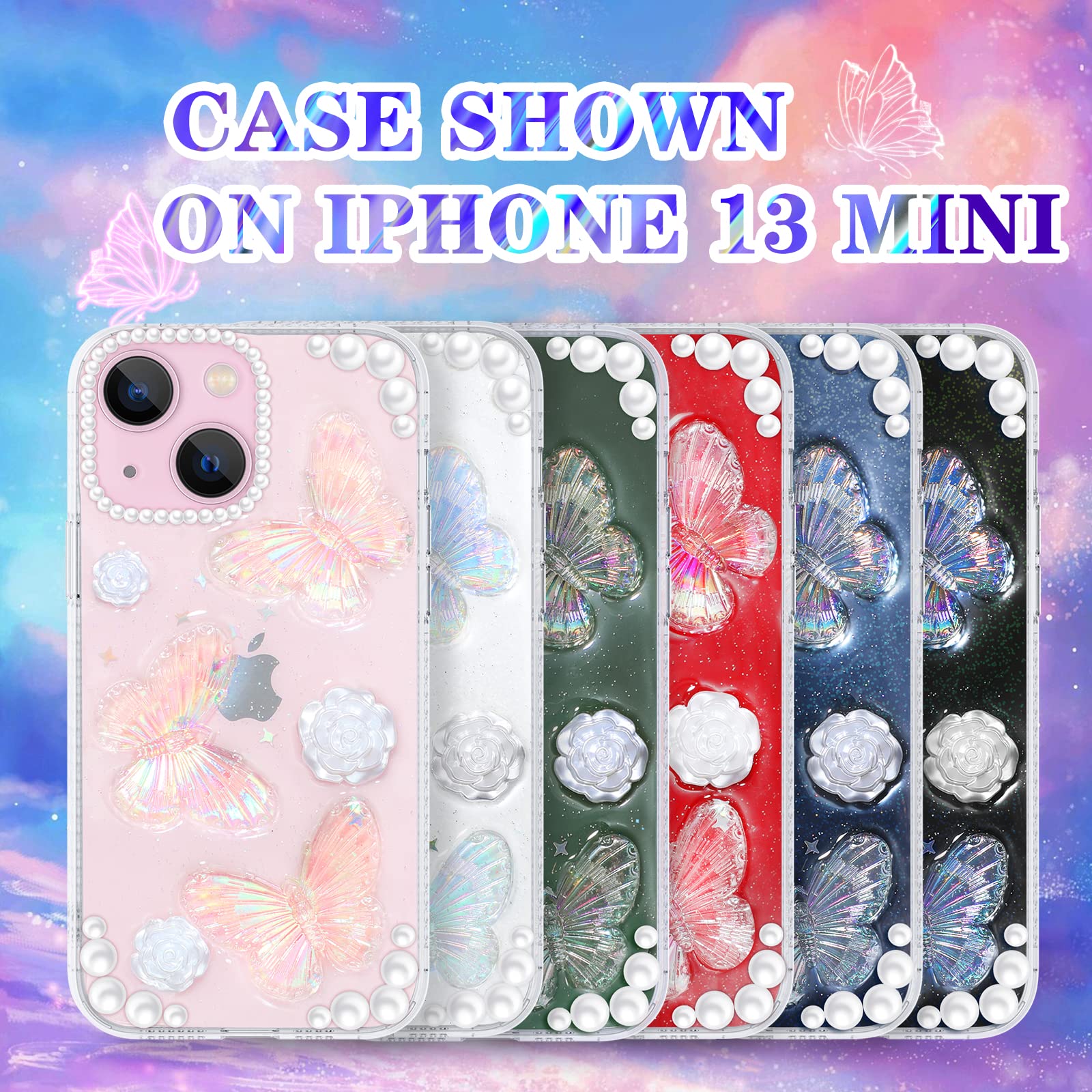 Goocrux (4in1 Case for Apple iPhone 13 Mini Butterfly Glitter Handmade Sequin Sparkle Pretty for Women Girls Clear Design Crystal Sparkly Cute Girly Phone Cases+Chain+Camera Cover+Screen Protector