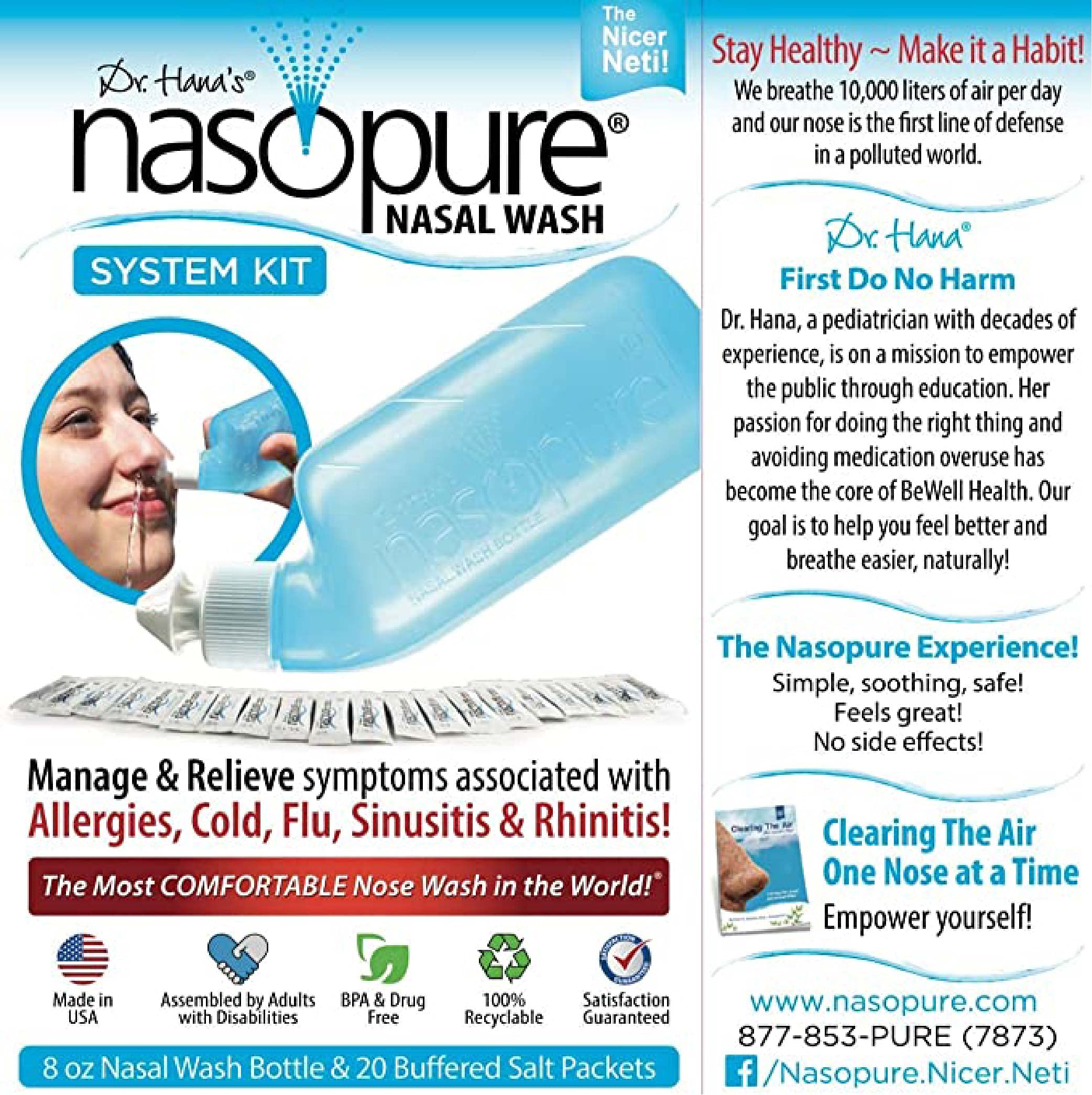 Nasopure Nasal Wash, System Kit, “The Nicer Neti Pot” Sinus Wash Kit, Comfortable Nasal Rinse 8 Oz Bottle & 20 Salt Packets (3.75 Grams Each), Nasal Congestion, Cold, Flu, Allergy, Nasal Irrigation
