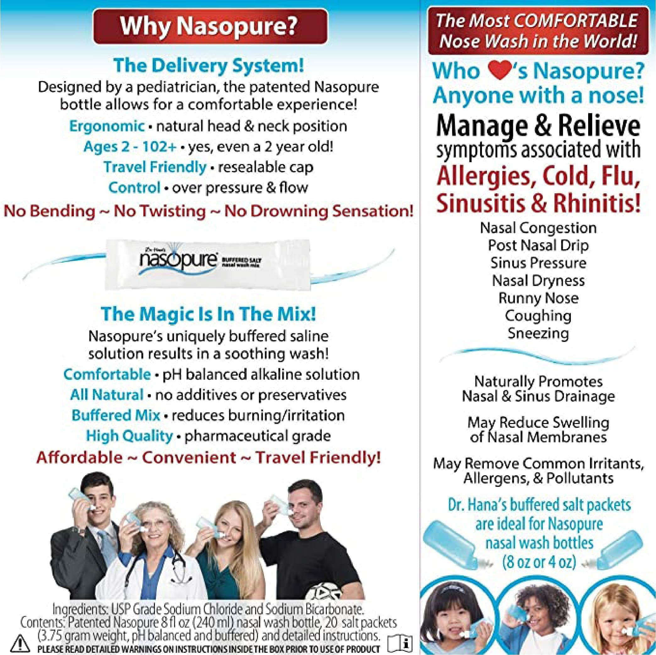 Nasopure Nasal Wash, System Kit, “The Nicer Neti Pot” Sinus Wash Kit, Comfortable Nasal Rinse 8 Oz Bottle & 20 Salt Packets (3.75 Grams Each), Nasal Congestion, Cold, Flu, Allergy, Nasal Irrigation