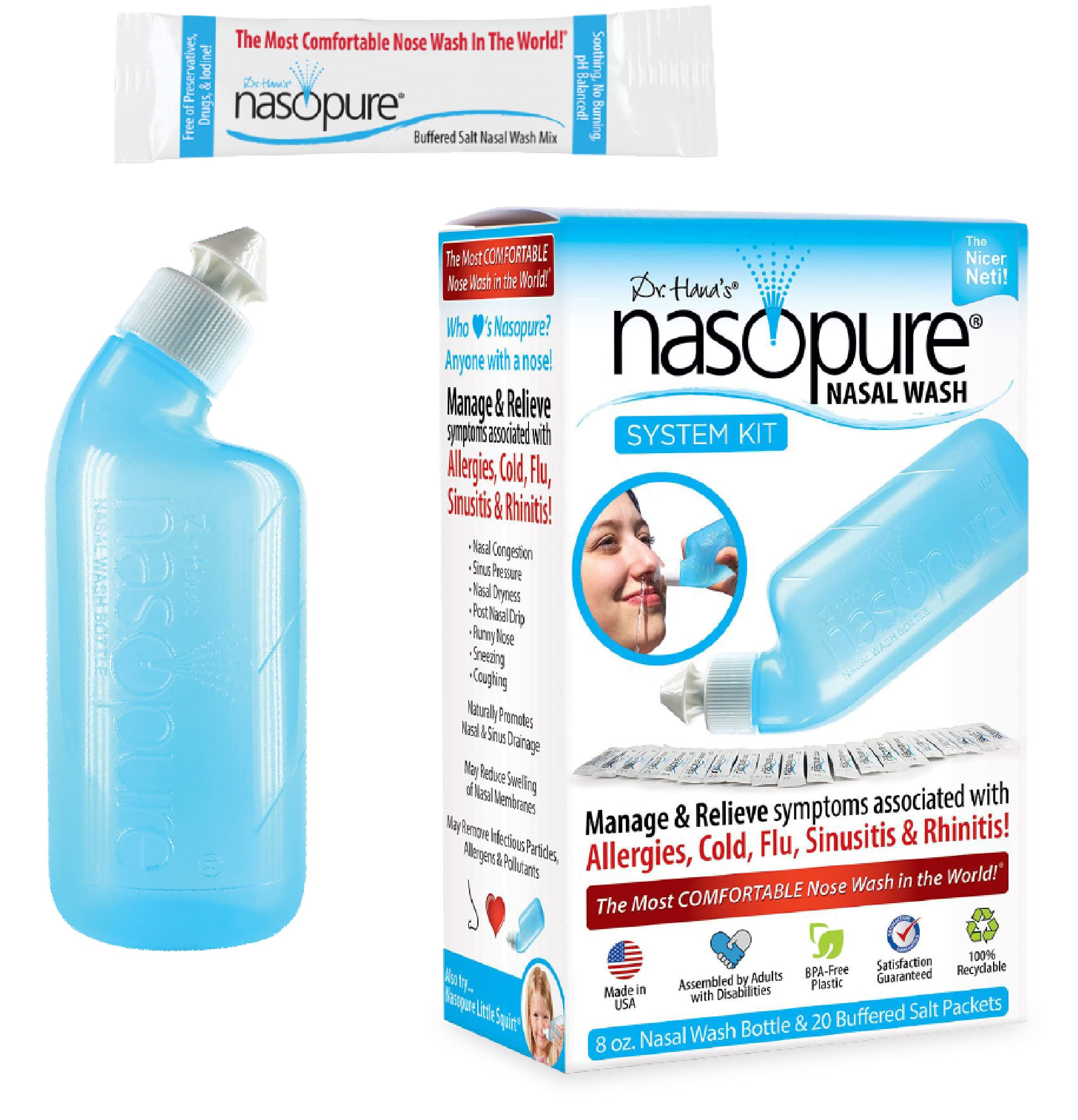 Nasopure Nasal Wash, System Kit, “The Nicer Neti Pot” Sinus Wash Kit, Comfortable Nasal Rinse 8 Oz Bottle & 20 Salt Packets (3.75 Grams Each), Nasal Congestion, Cold, Flu, Allergy, Nasal Irrigation
