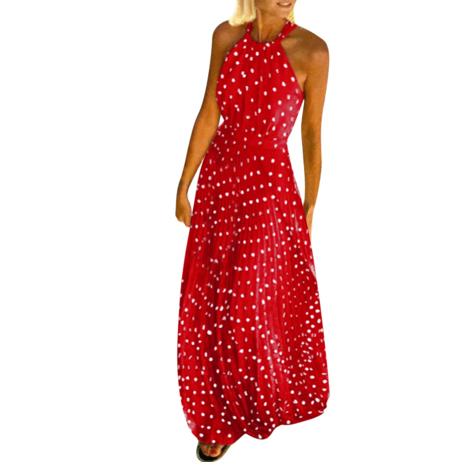 Women Fashion Print Polka Dot Print Sleeveless Pleated Dress Backless Zipper Holiday Casual Summer Dresses for Women
