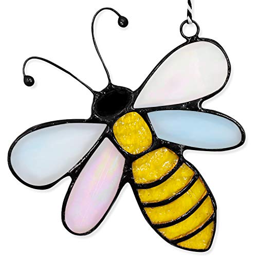 Huray Rayho Bee Suncatcher Window Hanging Ornament w/Suction Cup, Spring Summer Farmhouse Bumble Bee Double Side Stained Glass Panel Garden Yard Tree Hanging Decor, Bee Lover Day Teachers Day Gifts
