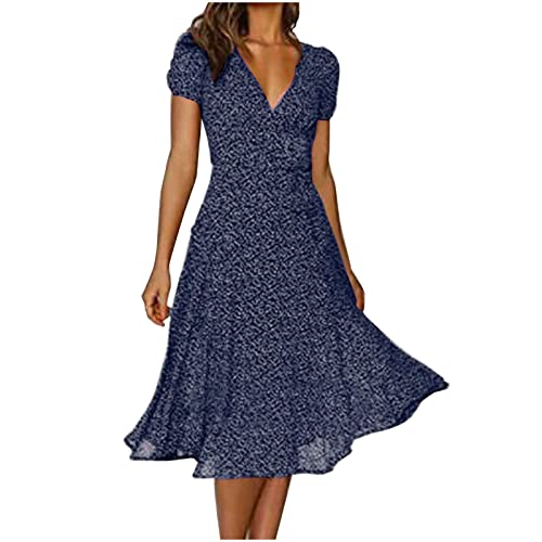 Women Casual Dress Summer Dress V Neck Solid Color Polka Dot Print Dress Short Sleeve Lace Up Tie Sexy Plus Size Dresses
