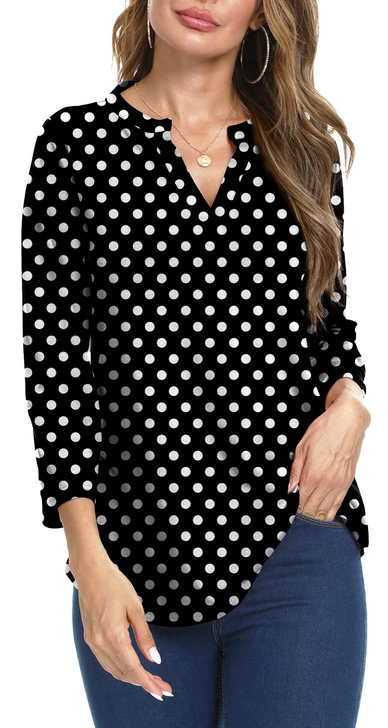NILOUFO Womens Casual Summer Shirts Notch V Neck Blouses 3/4 Roll Sleeve Tops Tunics(Polka Dot Black, Large)