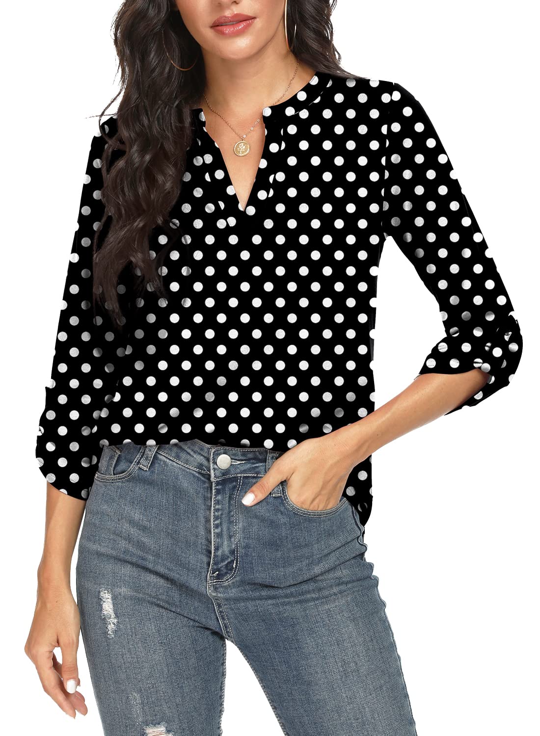 NILOUFO Womens Casual Summer Shirts Notch V Neck Blouses 3/4 Roll Sleeve Tops Tunics(Polka Dot Black, Large)