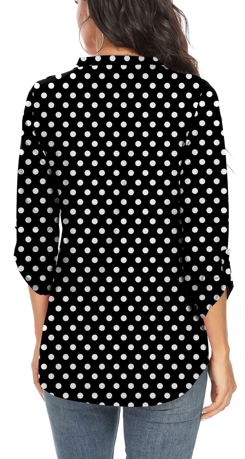 NILOUFO Womens Casual Summer Shirts Notch V Neck Blouses 3/4 Roll Sleeve Tops Tunics(Polka Dot Black, Large)