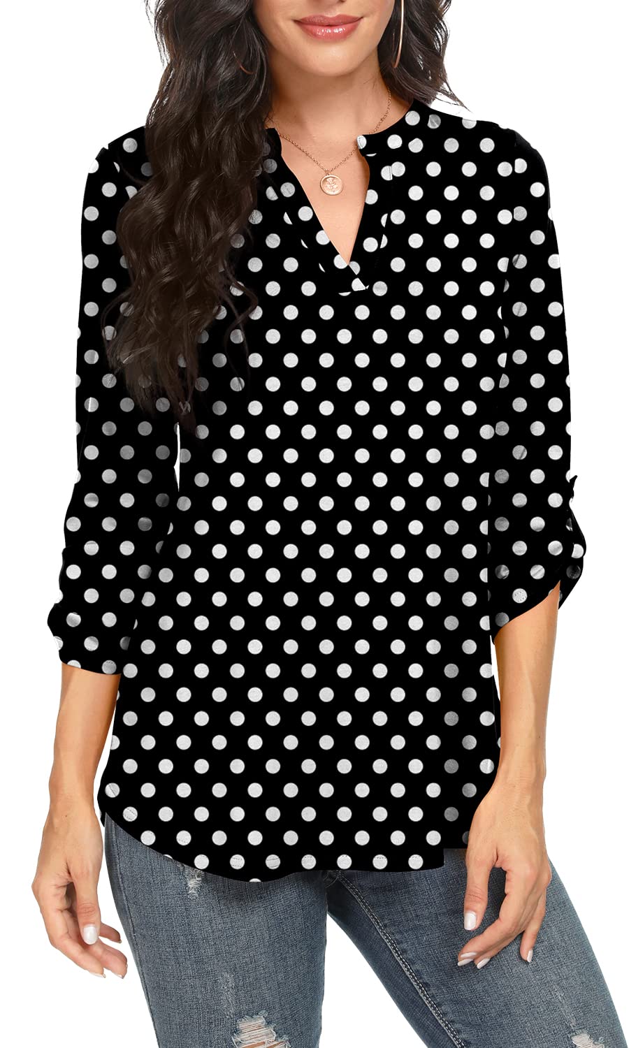 NILOUFO Womens Casual Summer Shirts Notch V Neck Blouses 3/4 Roll Sleeve Tops Tunics(Polka Dot Black, Large)
