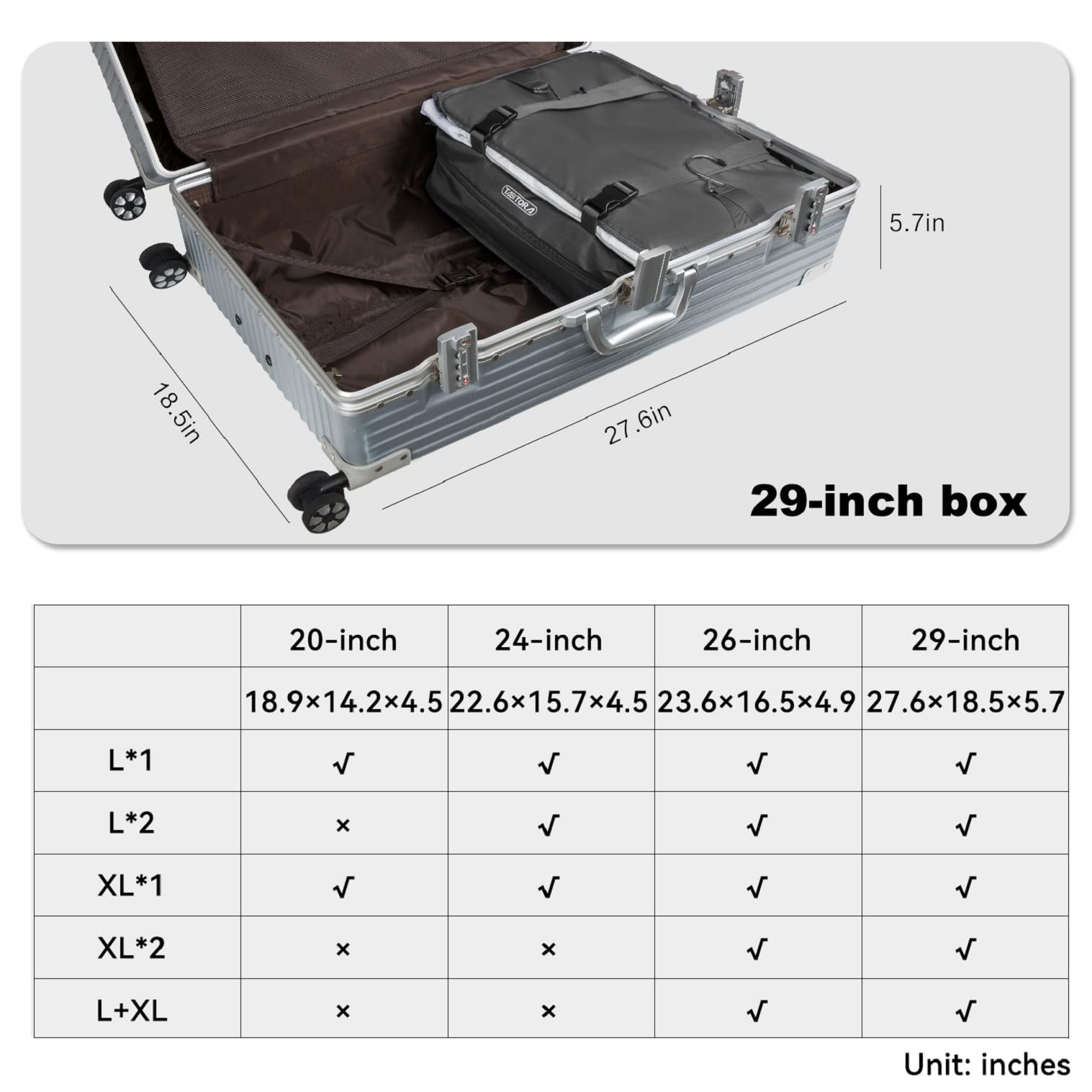 TABITORA Portable Hanging Travel Shelves Bag Packing Cube Organizer Suitcase Storage Large Capacity (Grey XL)