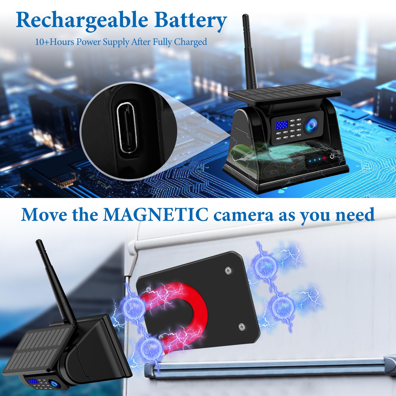 Magnetic Solar Wireless Backup Camera HD1080P 3 Min DIY Installation DVR 7" IPS with 2-Split Monitor Rechargeable Rear View Camera System for Hitching Gooseneck Horse Trailer Fifth Wheel Car RV Camper