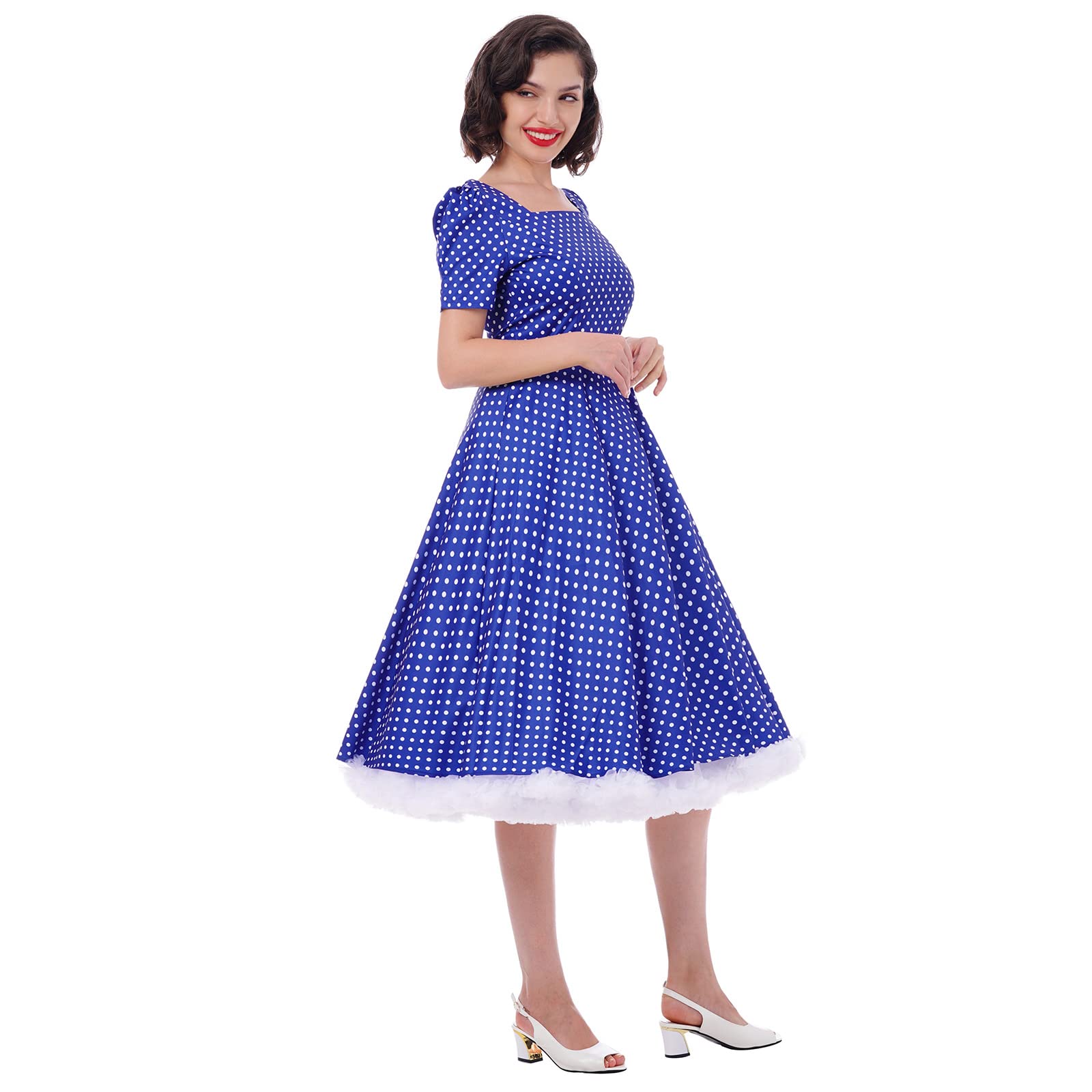 Women Vintage 50s 1950s Dress Square Neck A-line Polka Dot Rockabilly Swing Evening Party Cocktail Dresses Blue M