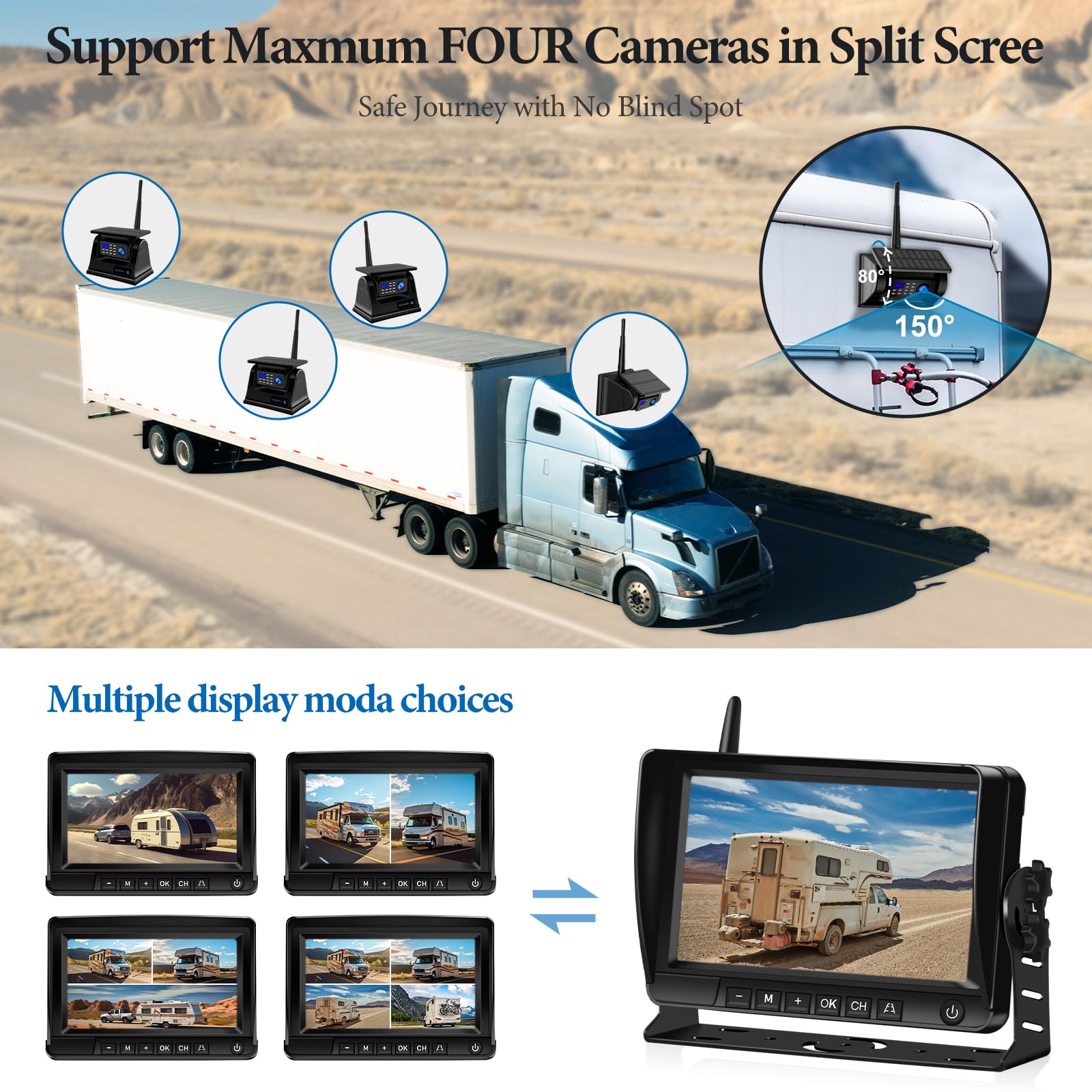 Magnetic Solar Wireless Backup Camera HD1080P 3 Min DIY Installation DVR 7" IPS with 2-Split Monitor Rechargeable Rear View Camera System for Hitching Gooseneck Horse Trailer Fifth Wheel Car RV Camper