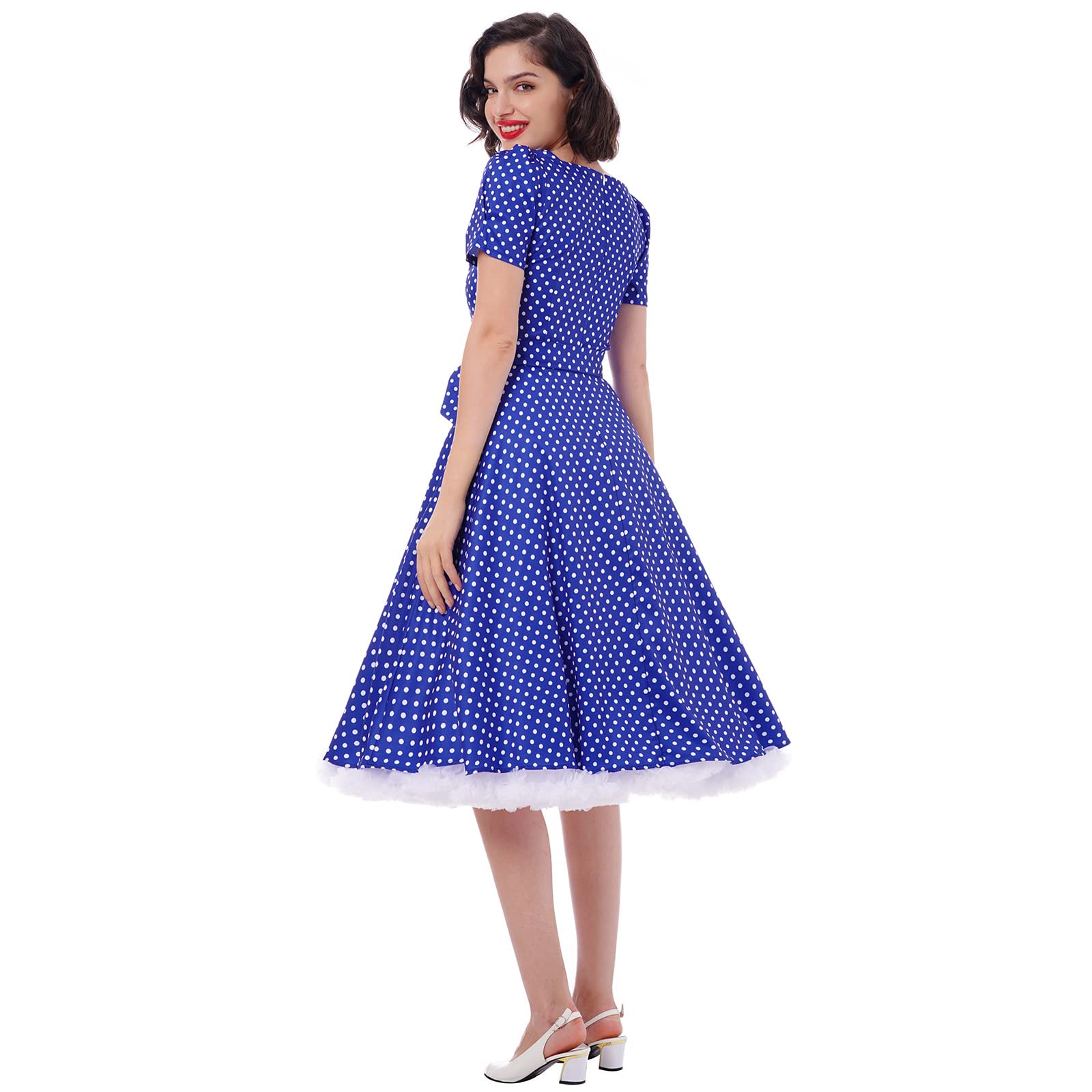 Women Vintage 50s 1950s Dress Square Neck A-line Polka Dot Rockabilly Swing Evening Party Cocktail Dresses Blue M
