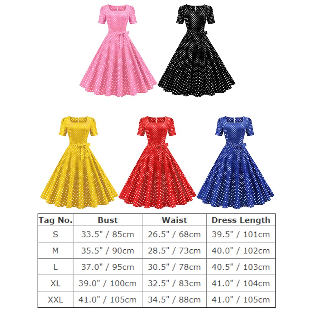 Women Vintage 50s 1950s Dress Square Neck A-line Polka Dot Rockabilly Swing Evening Party Cocktail Dresses Blue M