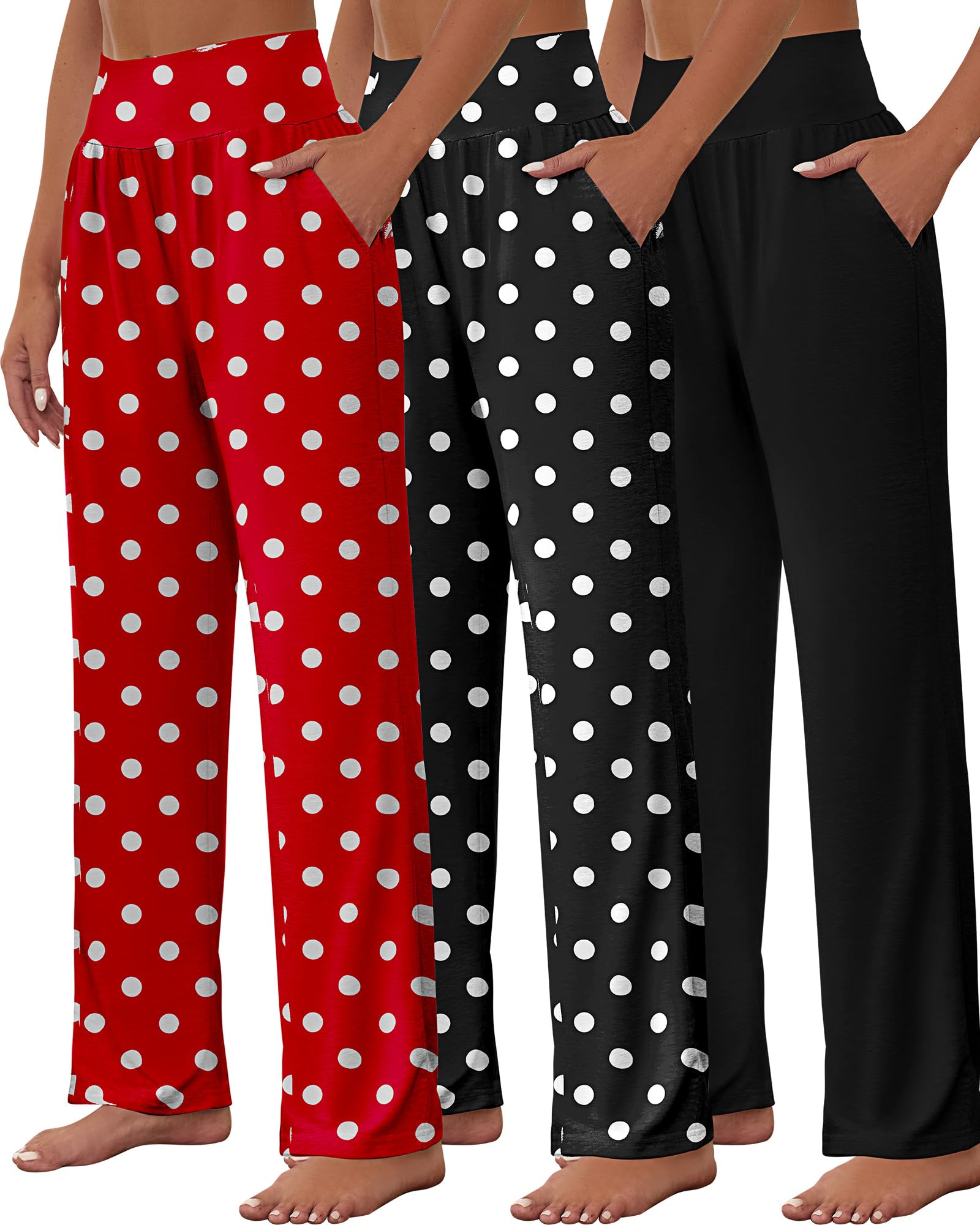 Neer 3 Pcs Women's Wide Leg Yoga Pant Comfy Loose Sweatpants High Waist Lounge Casual Athletic Pant Workout Joggers Pant (Black, Polka Dot Black, Polka Dot Red,Medium)