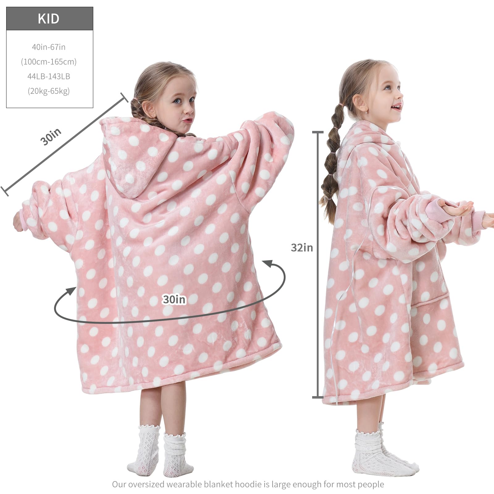 Aemicion Kids Blanket Hoodie,Oversized Wearable Blanket,Cozy Sherpa Sweatshirt Blanket,Gifts for Kids-Pink Polka Dot