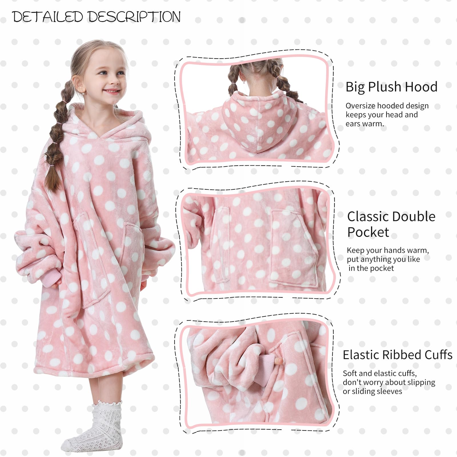 Aemicion Kids Blanket Hoodie,Oversized Wearable Blanket,Cozy Sherpa Sweatshirt Blanket,Gifts for Kids-Pink Polka Dot