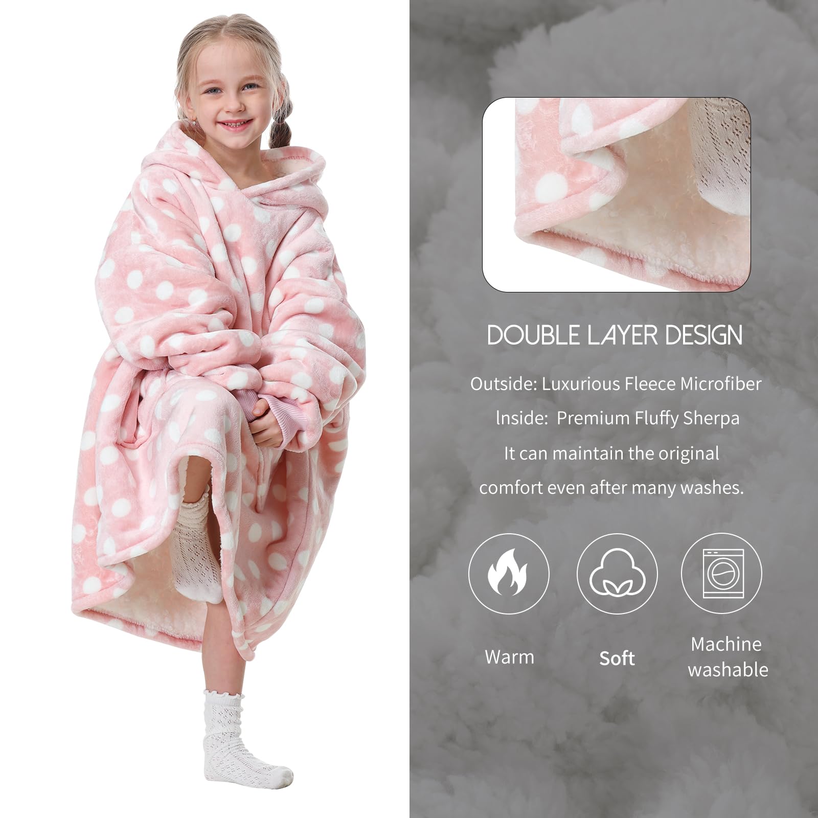 Aemicion Kids Blanket Hoodie,Oversized Wearable Blanket,Cozy Sherpa Sweatshirt Blanket,Gifts for Kids-Pink Polka Dot