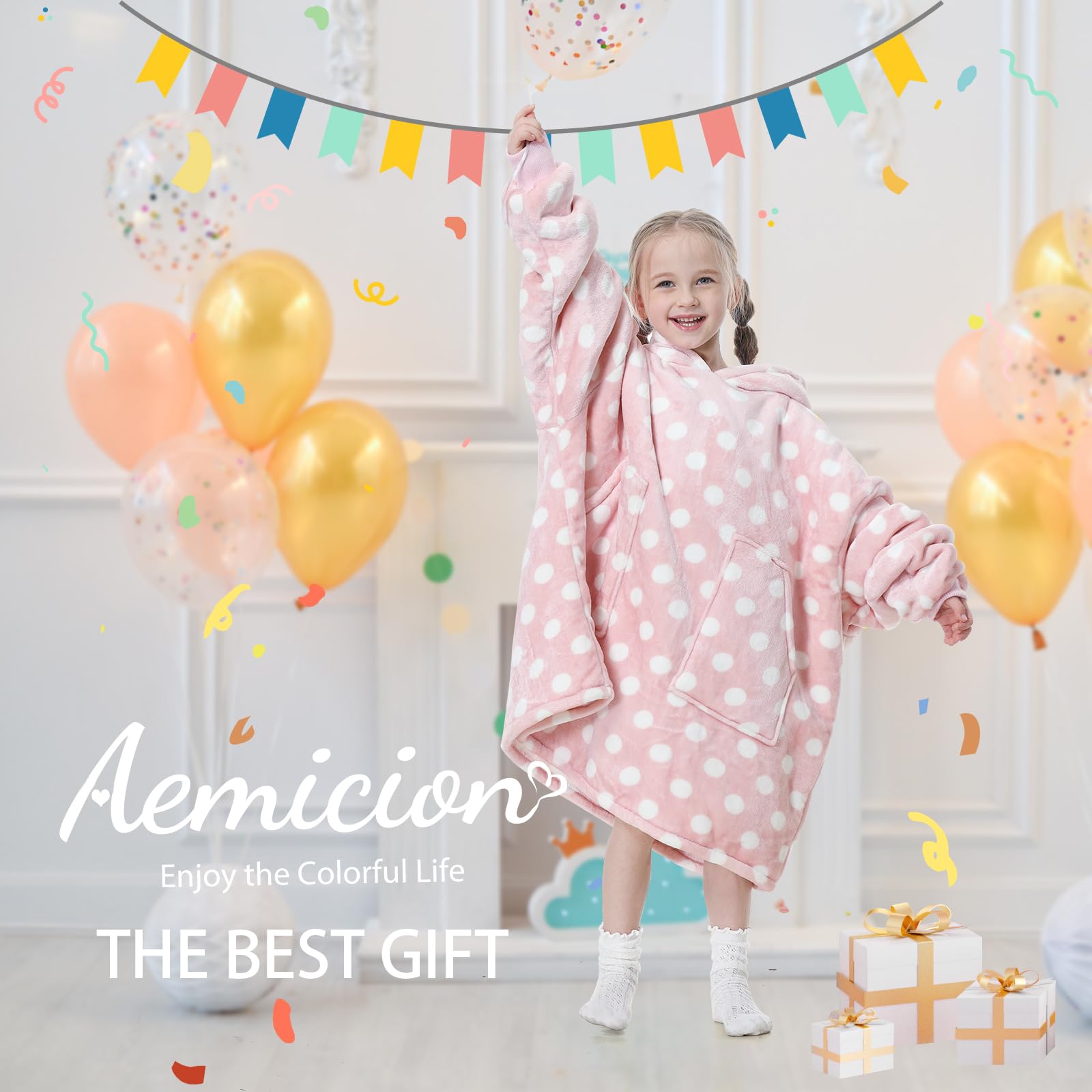 Aemicion Kids Blanket Hoodie,Oversized Wearable Blanket,Cozy Sherpa Sweatshirt Blanket,Gifts for Kids-Pink Polka Dot