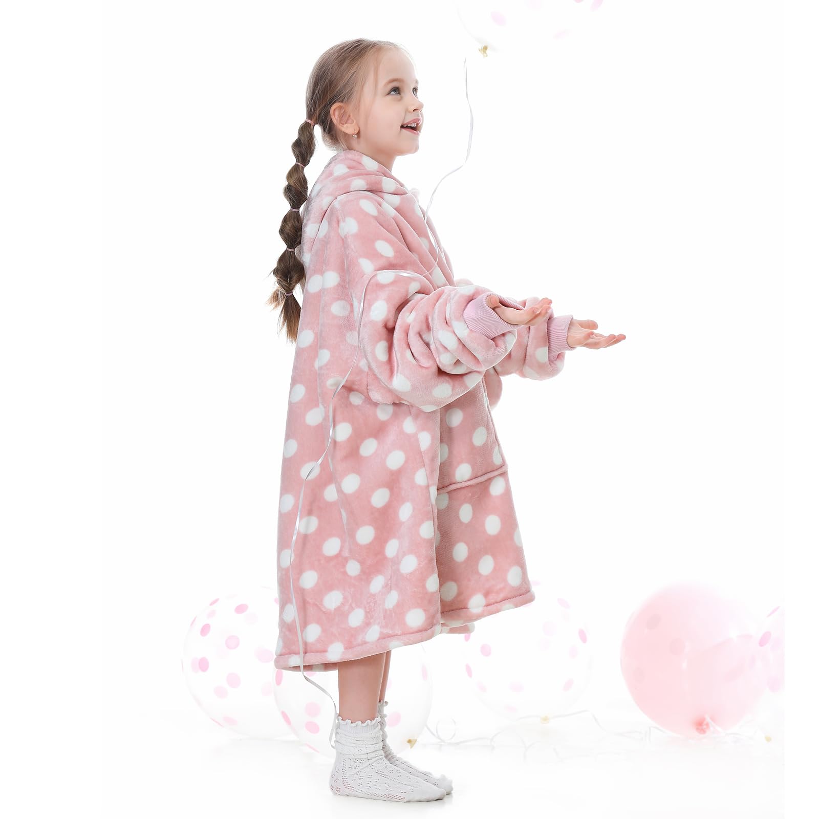 Aemicion Kids Blanket Hoodie,Oversized Wearable Blanket,Cozy Sherpa Sweatshirt Blanket,Gifts for Kids-Pink Polka Dot