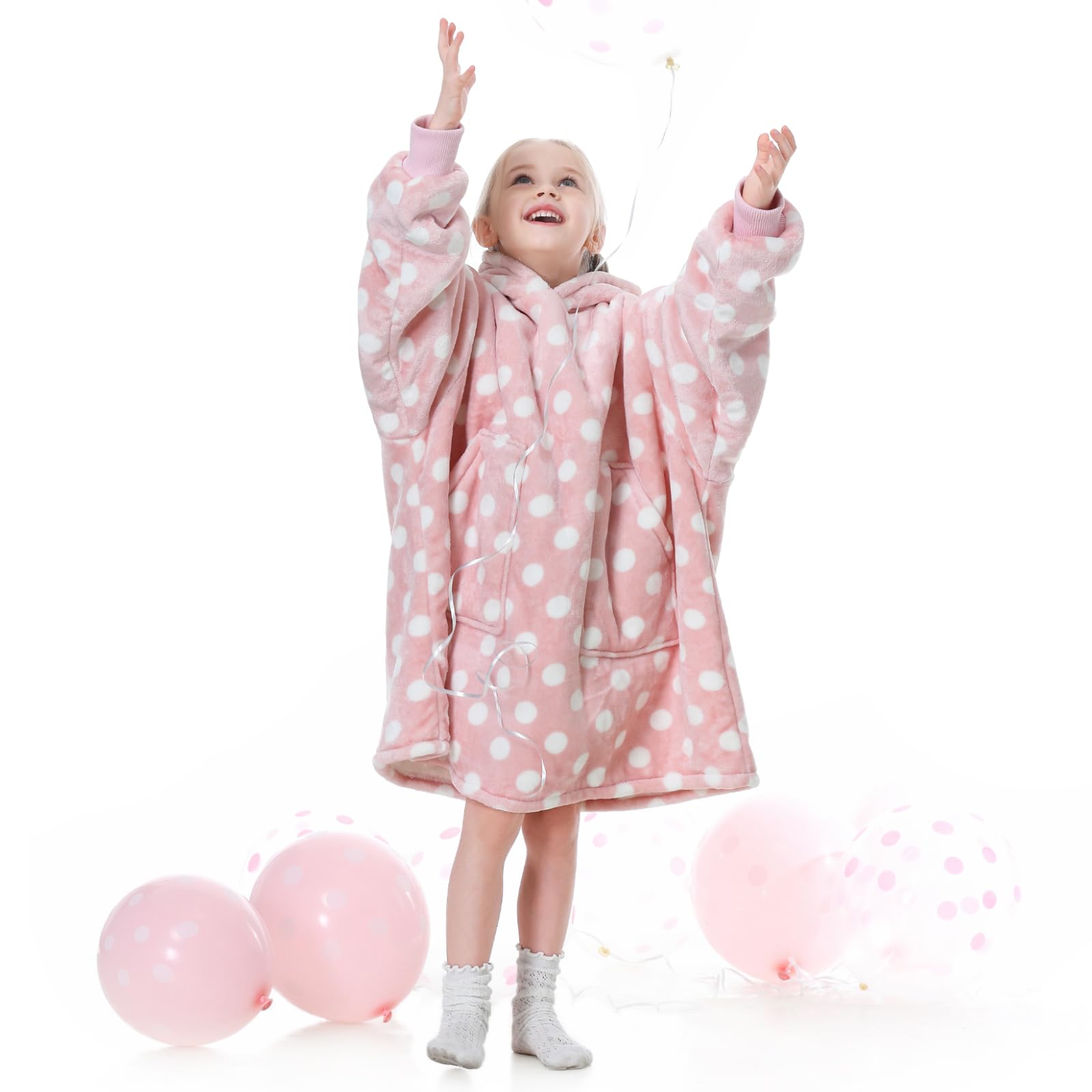 Aemicion Kids Blanket Hoodie,Oversized Wearable Blanket,Cozy Sherpa Sweatshirt Blanket,Gifts for Kids-Pink Polka Dot