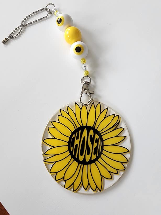 REAR VIEW MIRROR BEADED SUNFLOWER CHOSEN CAR CHARM – HANDMADE – FREE STANDARD SHIPPING