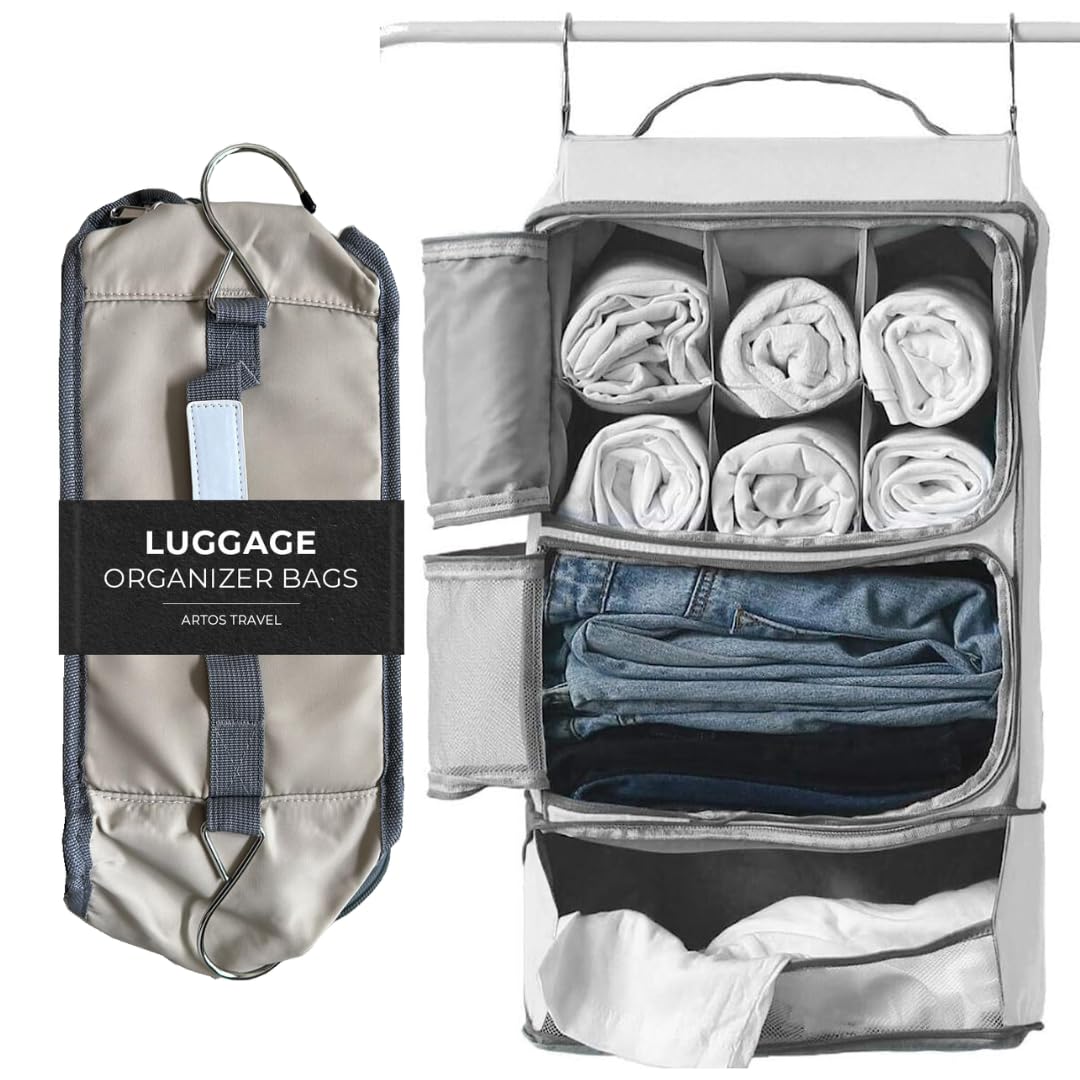 Artos Hanging Portable Luggage Suitcase Carry On Closet Shelving Organizer w/Hooks| for Travel, Camper, RV |Packing Cube(Grey)