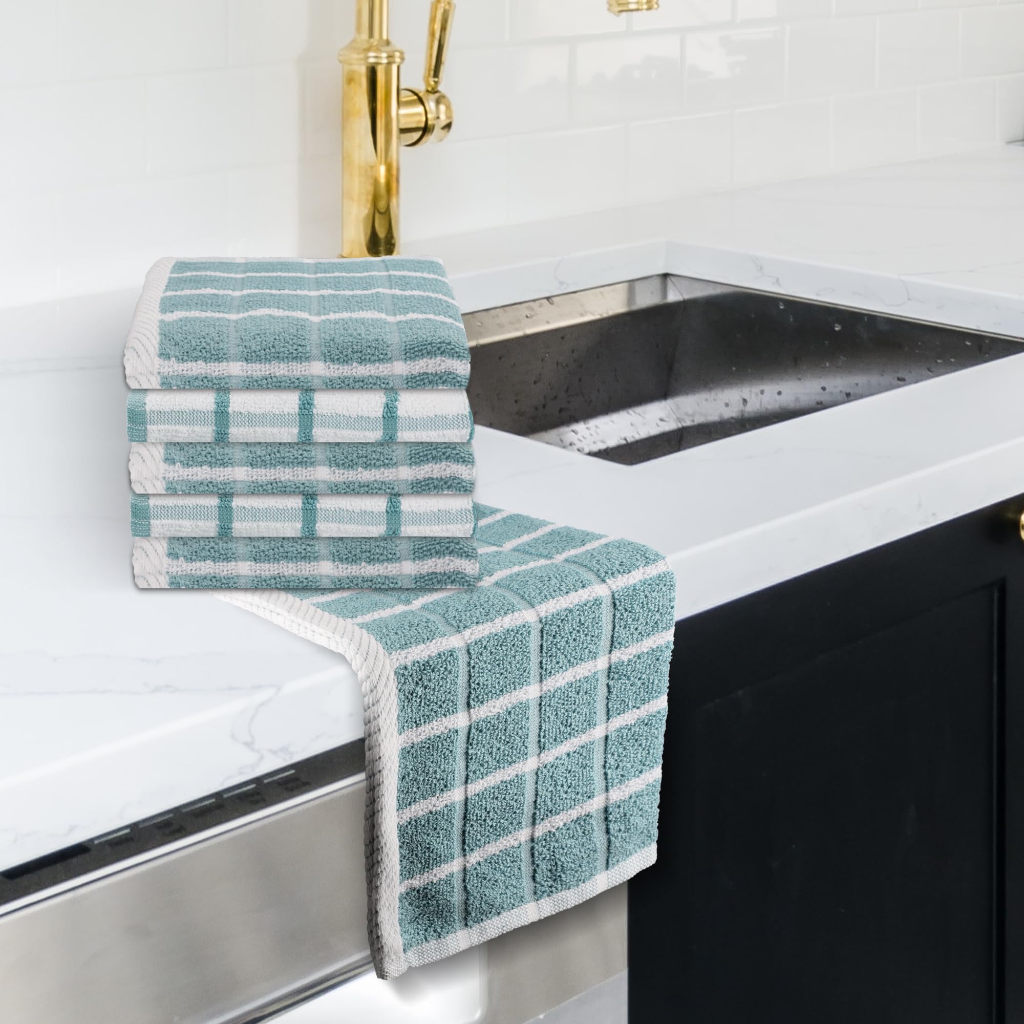 Urban Villa Dish Cloths Terry Cotton Pack of 6, Highly Absorbent Quick Drying Super Soft Premium Dish Towels for Kitchen with Hanging Loop Hand & Tea Towels - 12x12 Inch, (Aqua & White, Checks)