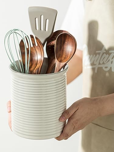 YHOSSEUN Cooking Utensil Holder, Ceramic Utensil Holder for Kitchen Counter, 6.8” Large Kitchen Utensil Holder Crock for Utensils, Farmhouse Utensil Organizer Storage Caddy