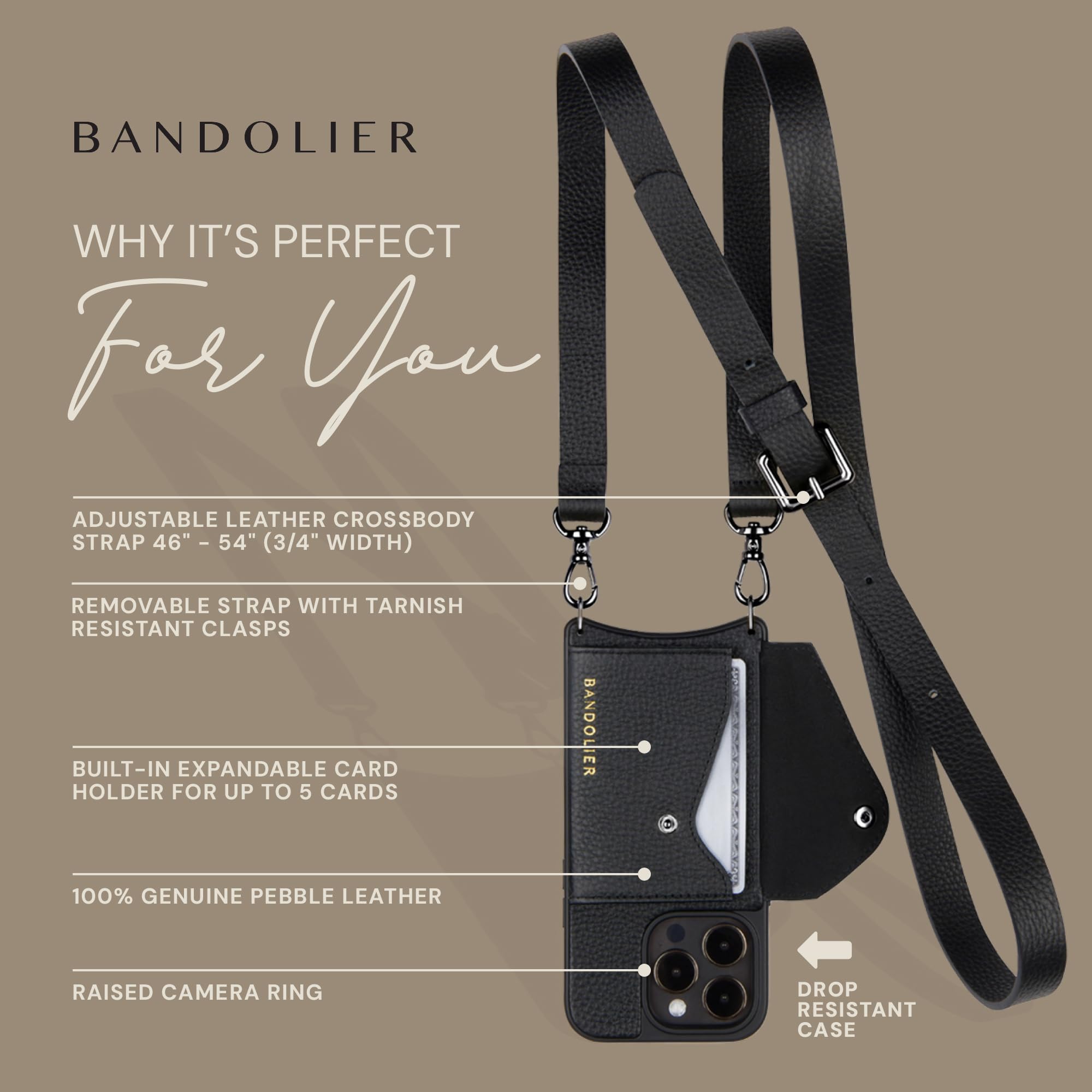 Bandolier Hailey Crossbody Wallet Phone Case for iPhone 15 Pro Max. 100% Genuine Pebble Leather with Pewter Hardware. Adjustable & Removable Strap. Expandable Flip Card Holder. Black with Pewter