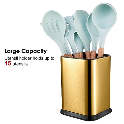 RedCall Stainless Steel Kitchen Utensil Holder for Countertop, Spoon Spatula Organizer,Modern Rectangular Large Cooking Utensil Caddy Counter,Utensil Crock (Stainless Steel Gold)