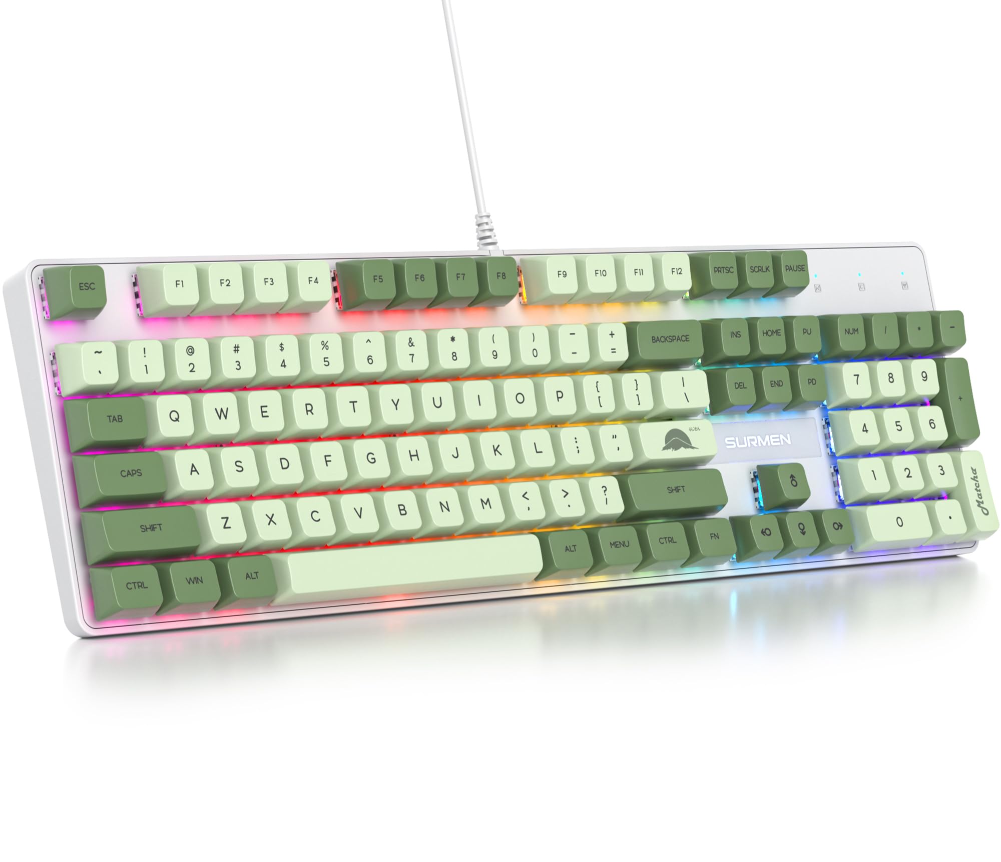 Fogruaden Full Size Mechanical Keyboard, Green Matcha Keyboard, Wired USB 104 Keys RGB Backlit Gaming Keyboard with Number Pad, Red Switches, NKRO Mechanical Keyboard for Windows Laptop PC Gamer