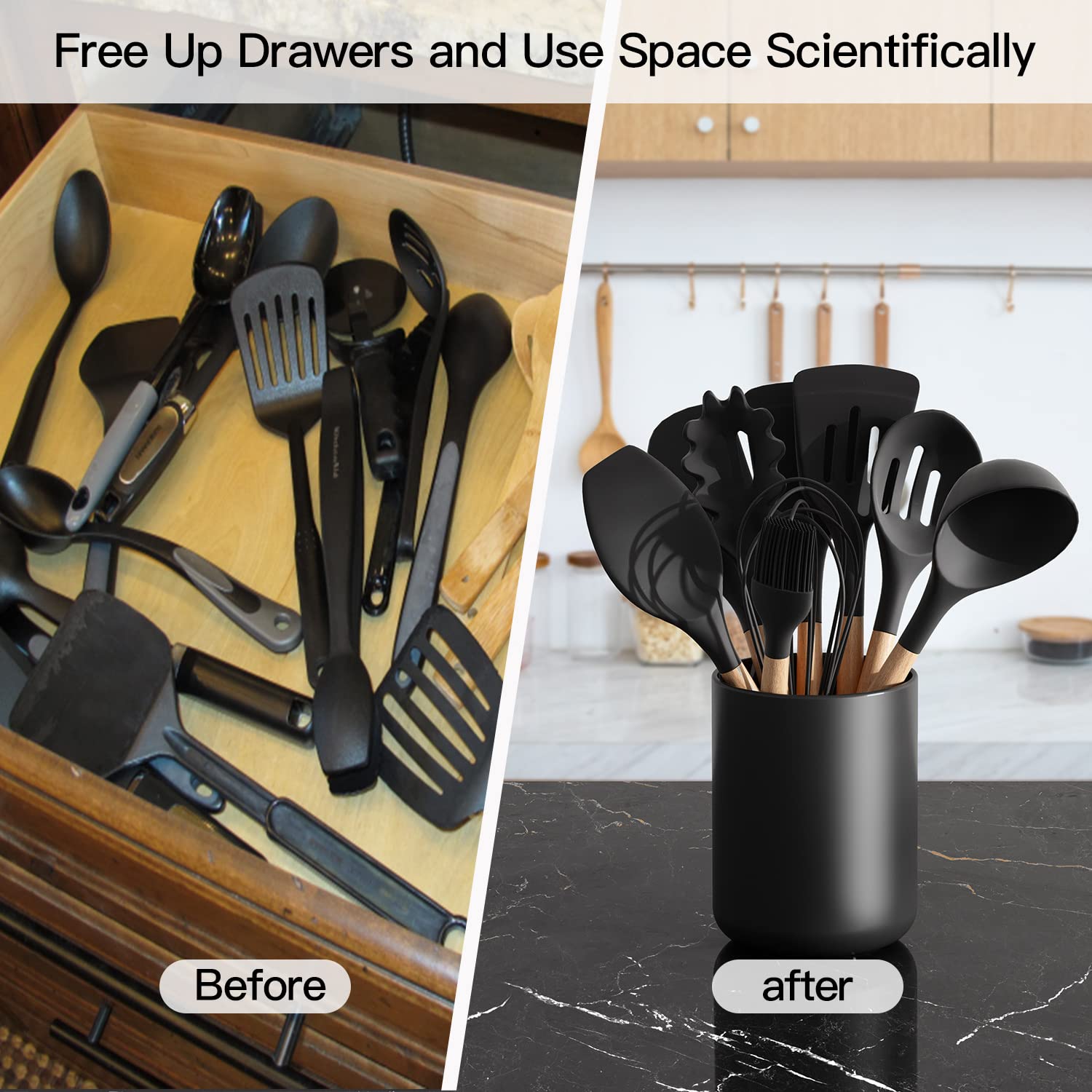 SmartHom Large Utensil Holder for Kitchen Counter, Matte Black Cooking Utensils For Countertop, Modern Ceramic Spatula Crock, Rustic Porcelain Jar Farmhouse Décor 5.5 * 7.2 IN (UH-01)
