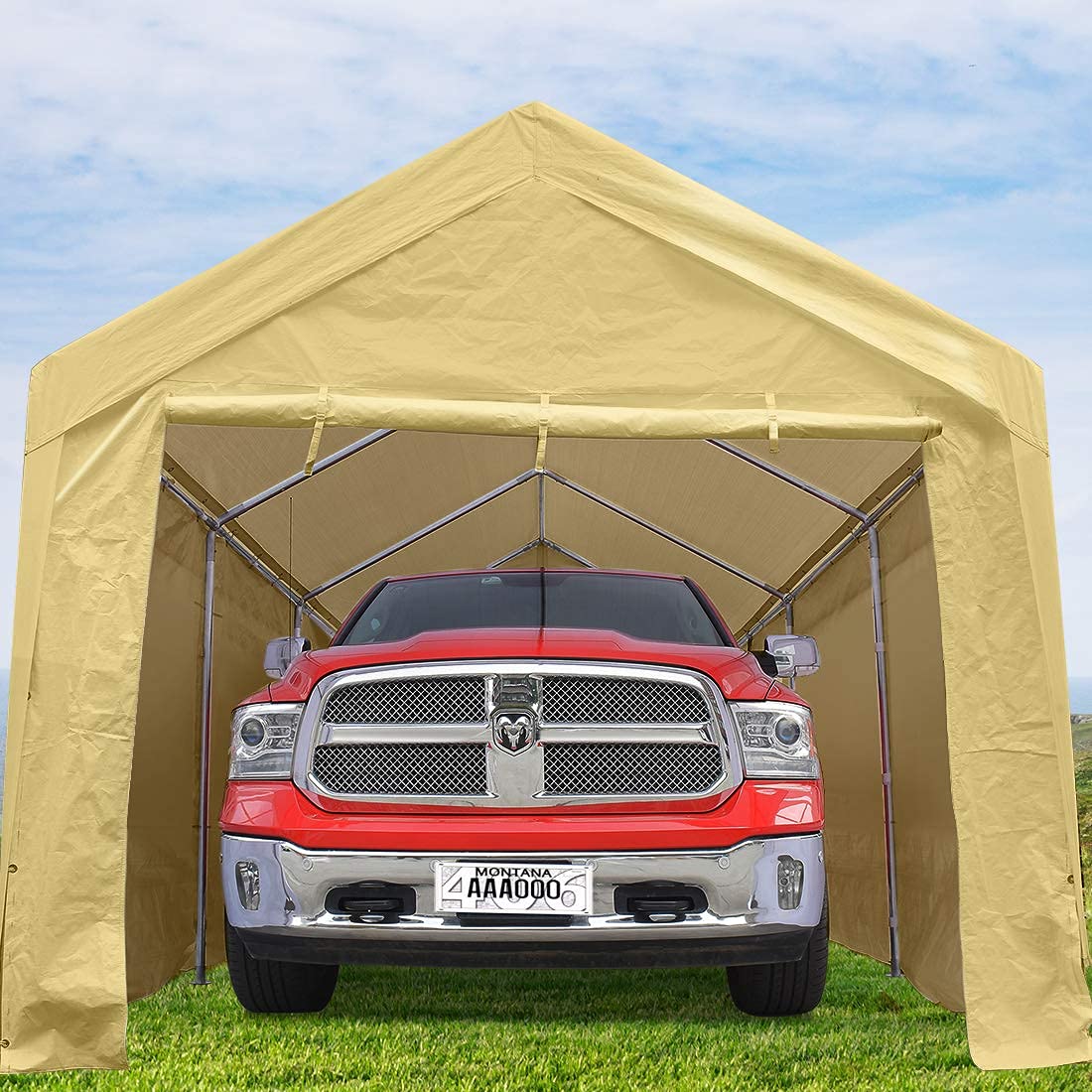 PEAKTOP OUTDOOR 10x20 ft Heavy Duty Carport, Portable Car Canopy, Garage Tent, Boat Shelter with Reinforced Triangular Beams and Ground Bar, Removable Sidewall & Zipper Doors, Beige